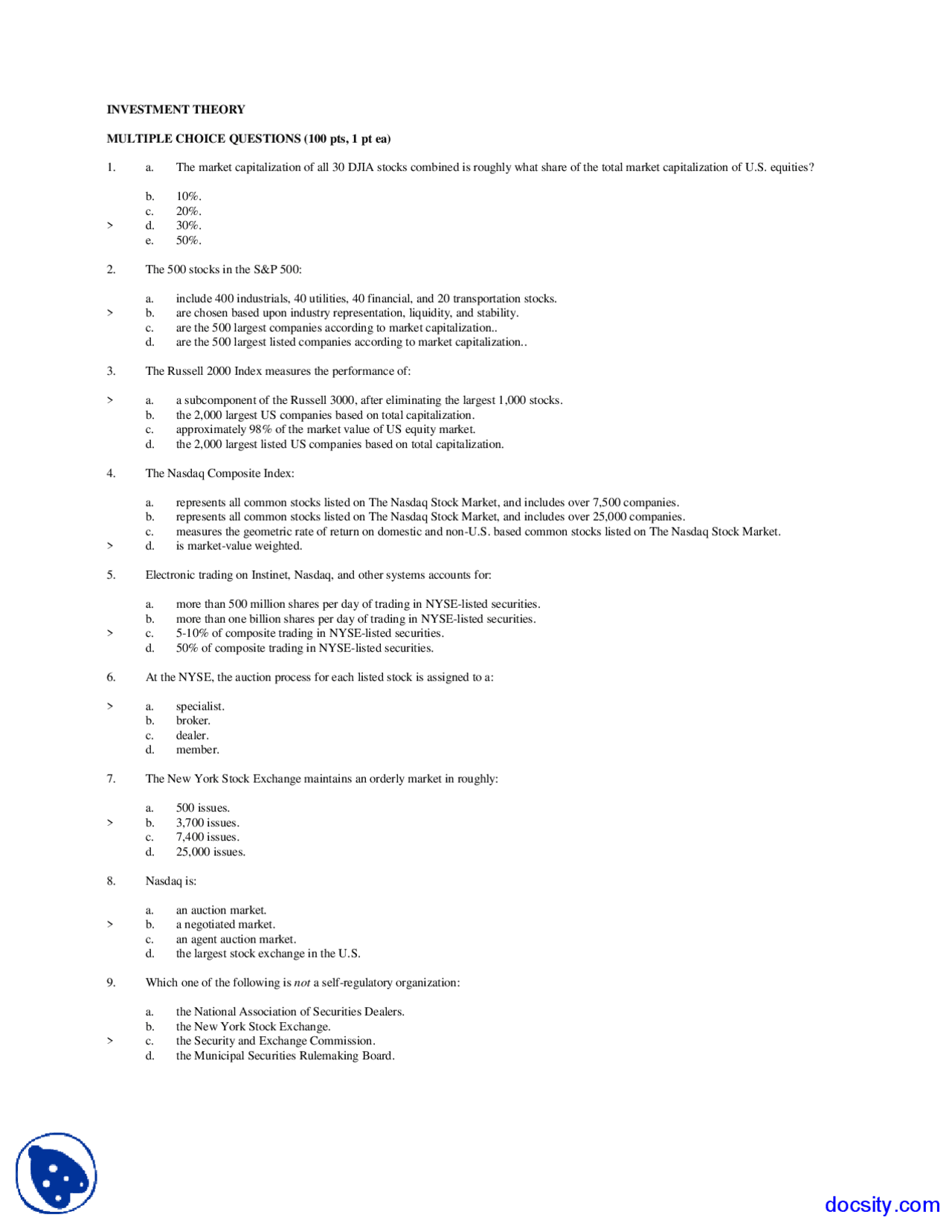 Market Capitalization Investment Theory Past Solved Exam Docsity