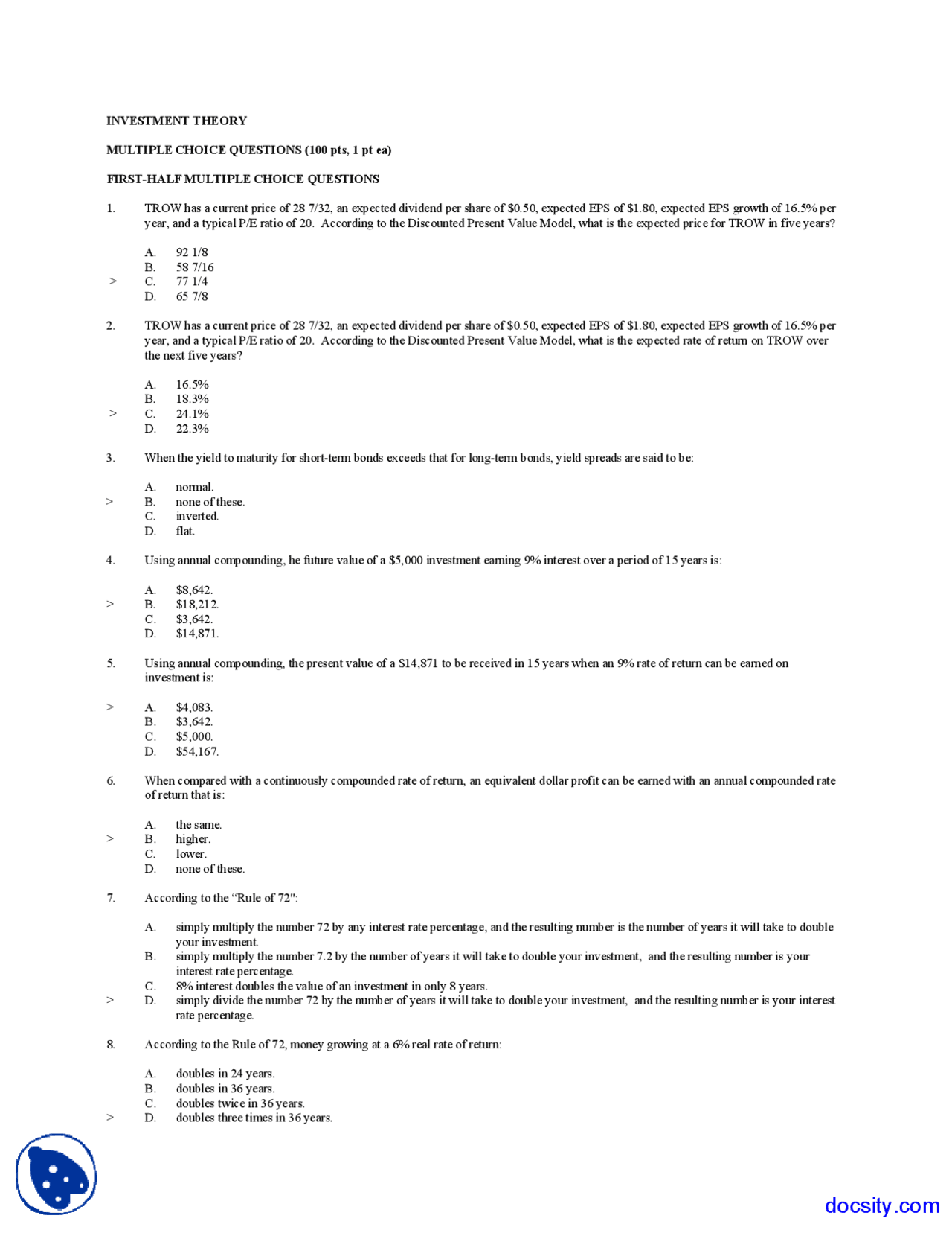 Yield To Maturity Investment Theory Past Solved Exam Docsity