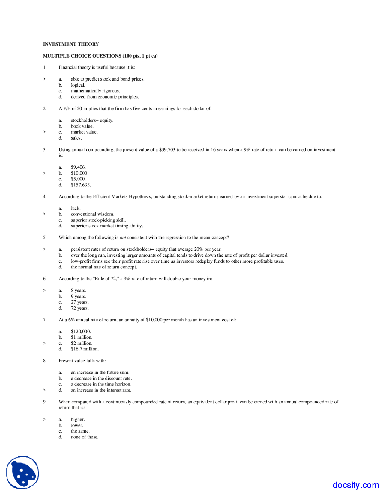 Predict Stock Investment Theory Exam Key Docsity