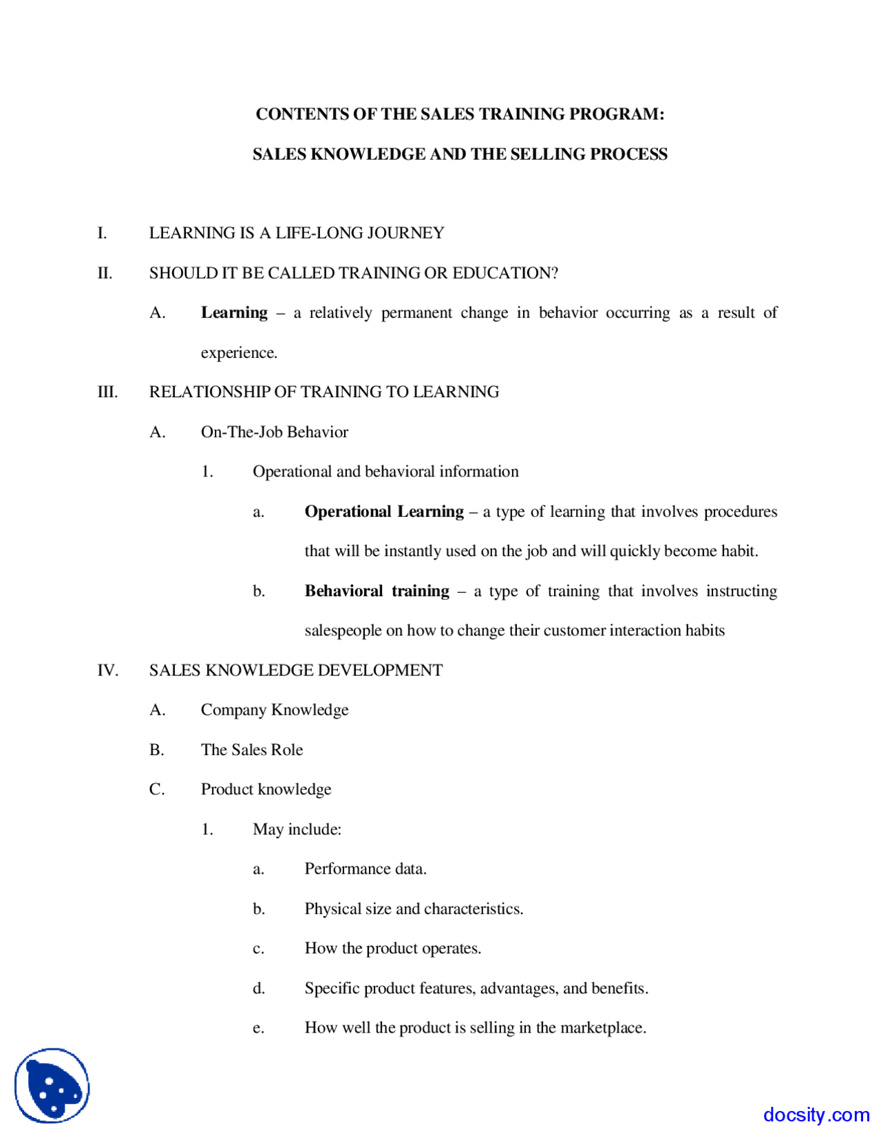 Operational Learning Sales Management Lecture Notes Docsity