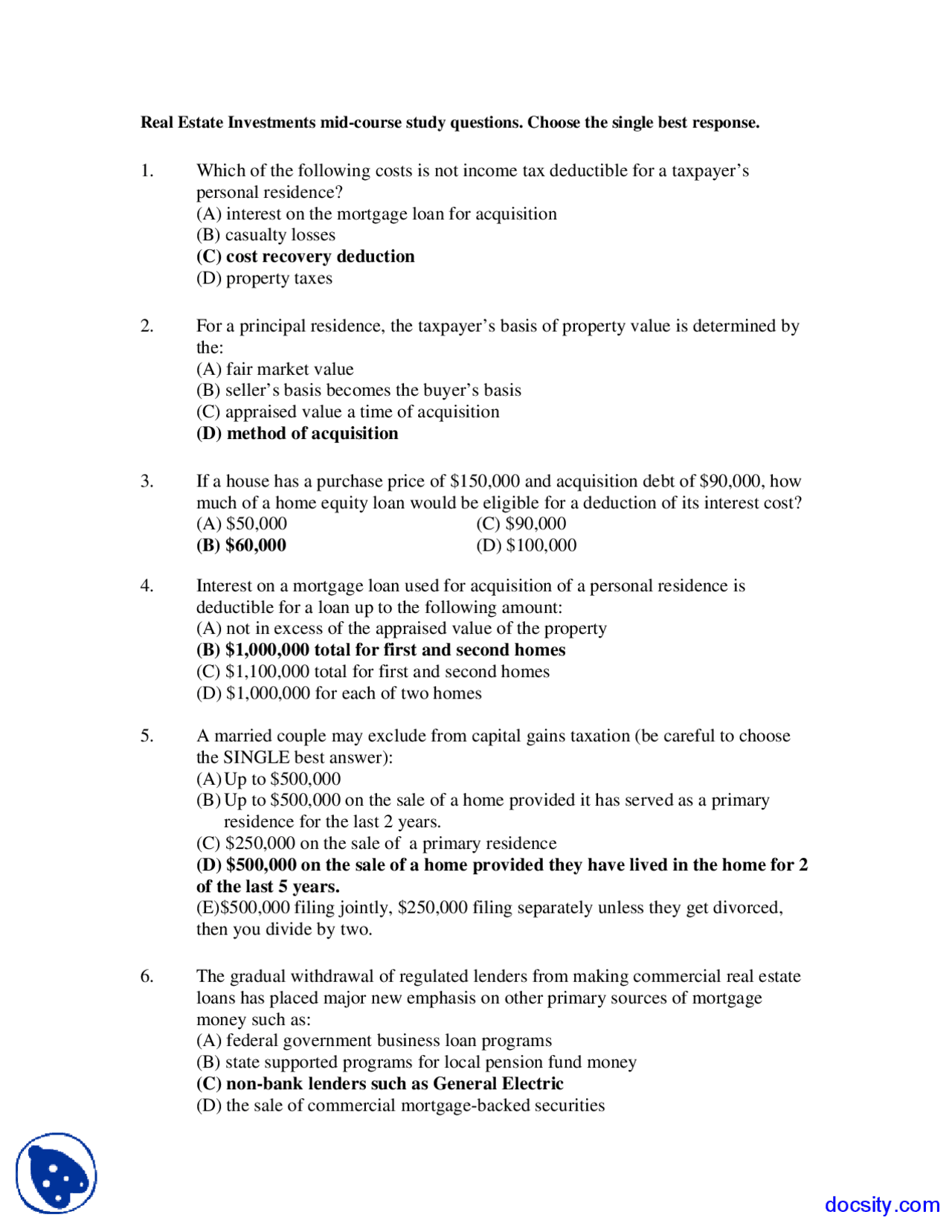 Recovery Deduction Real Estate Investment Solved Exam Docsity