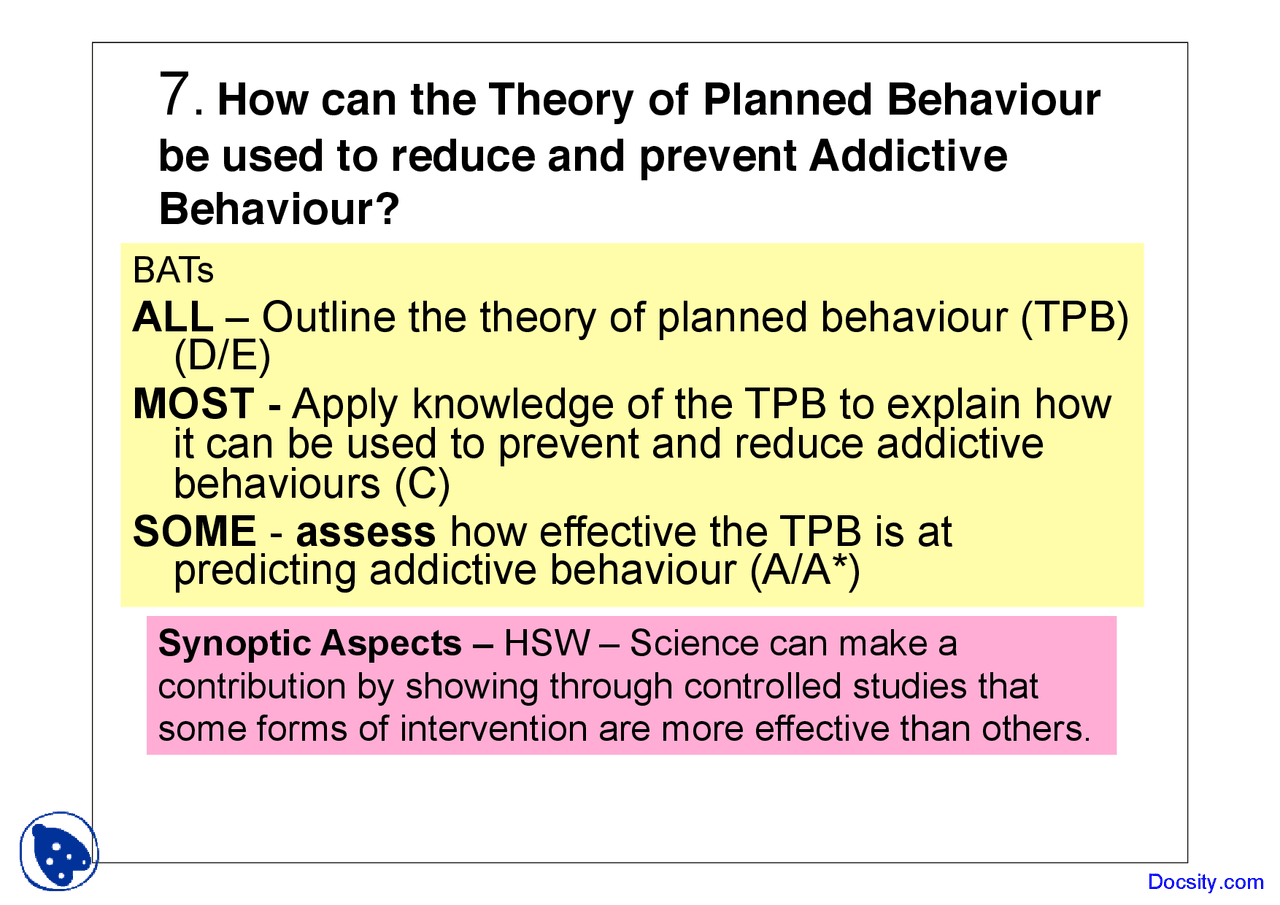 Theory of Planned Behaviour - Addiction - Lecture Slides - Docsity