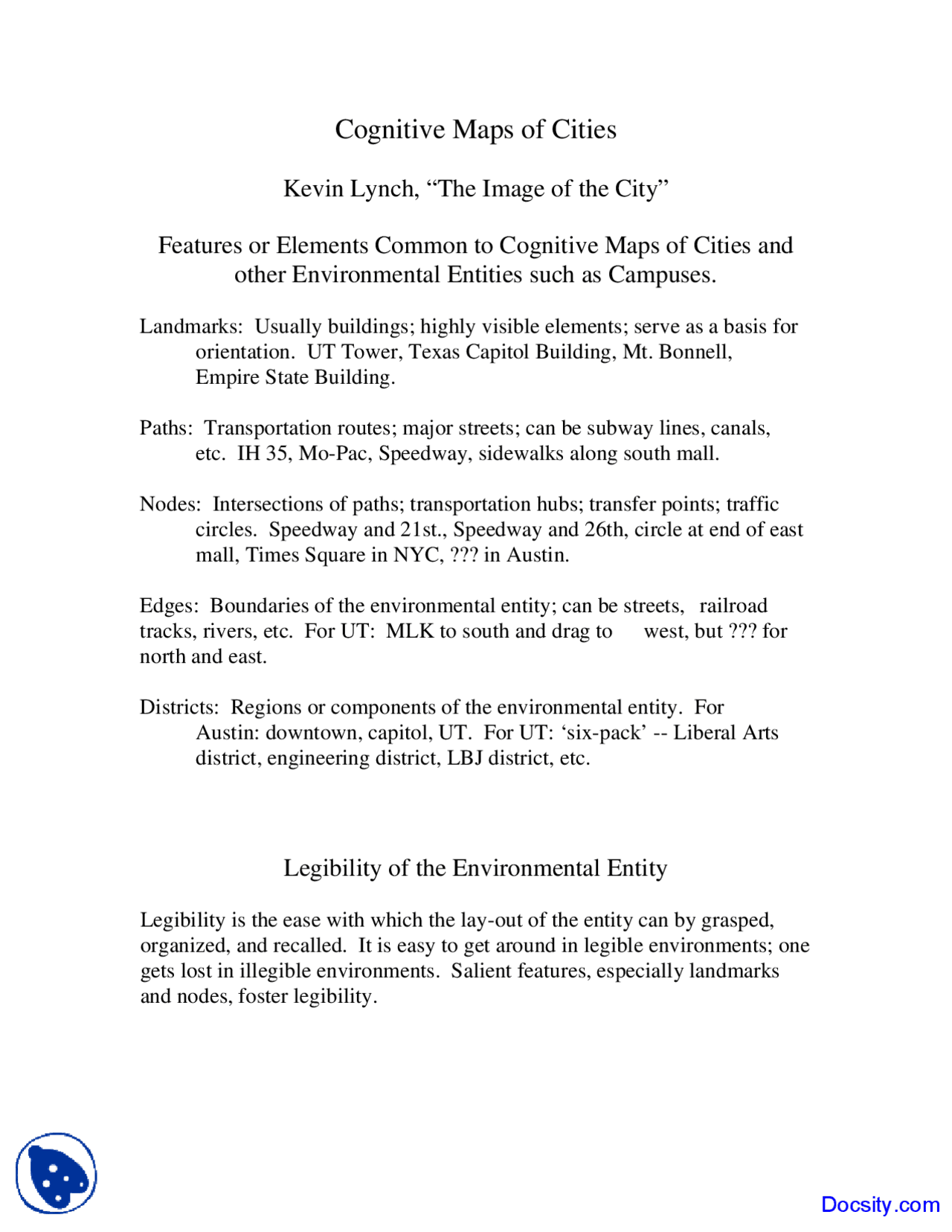 Cognitive Maps of Cities - Environmental Psychology - Handouts - Docsity