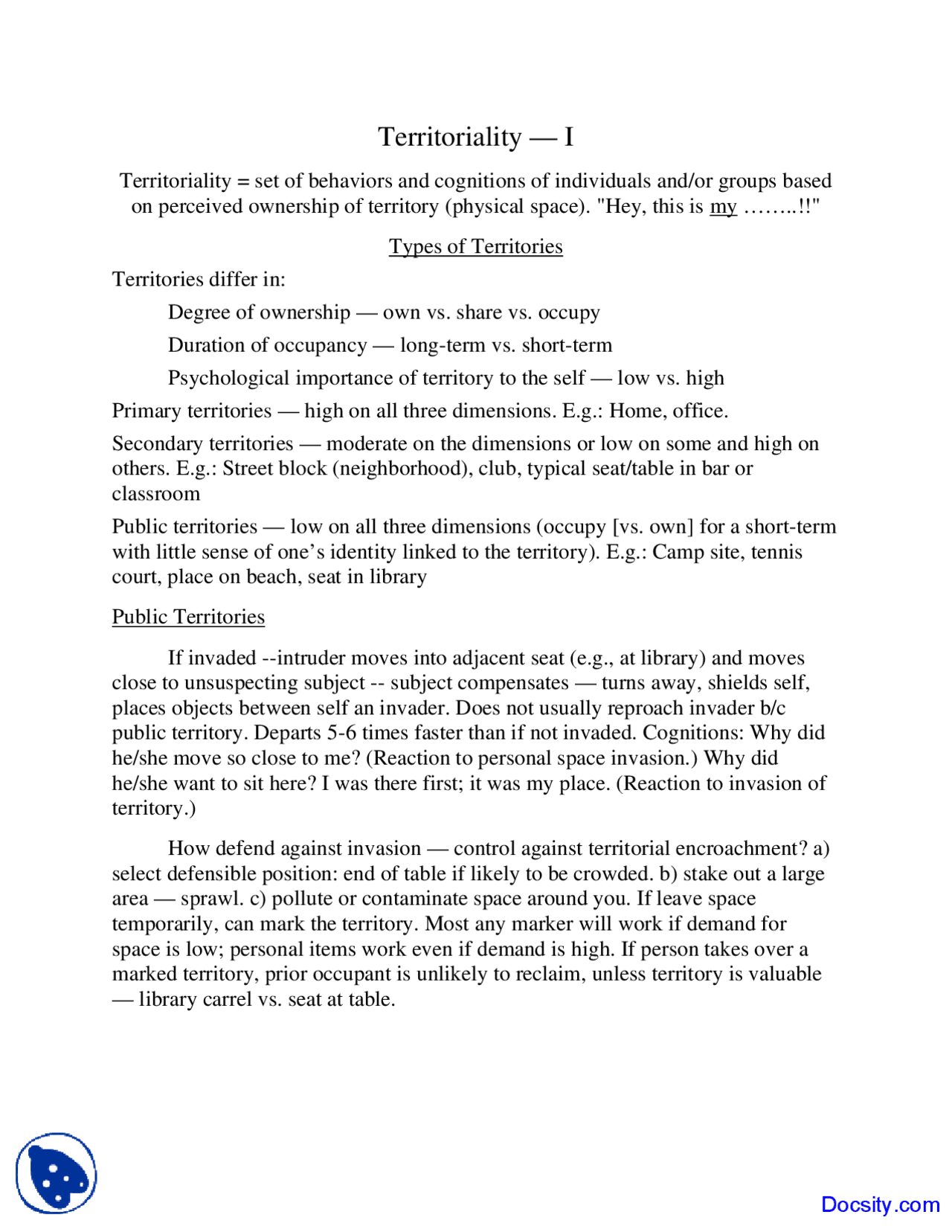 Territoriality - Environmental Psychology - Handouts | Lecture notes ...
