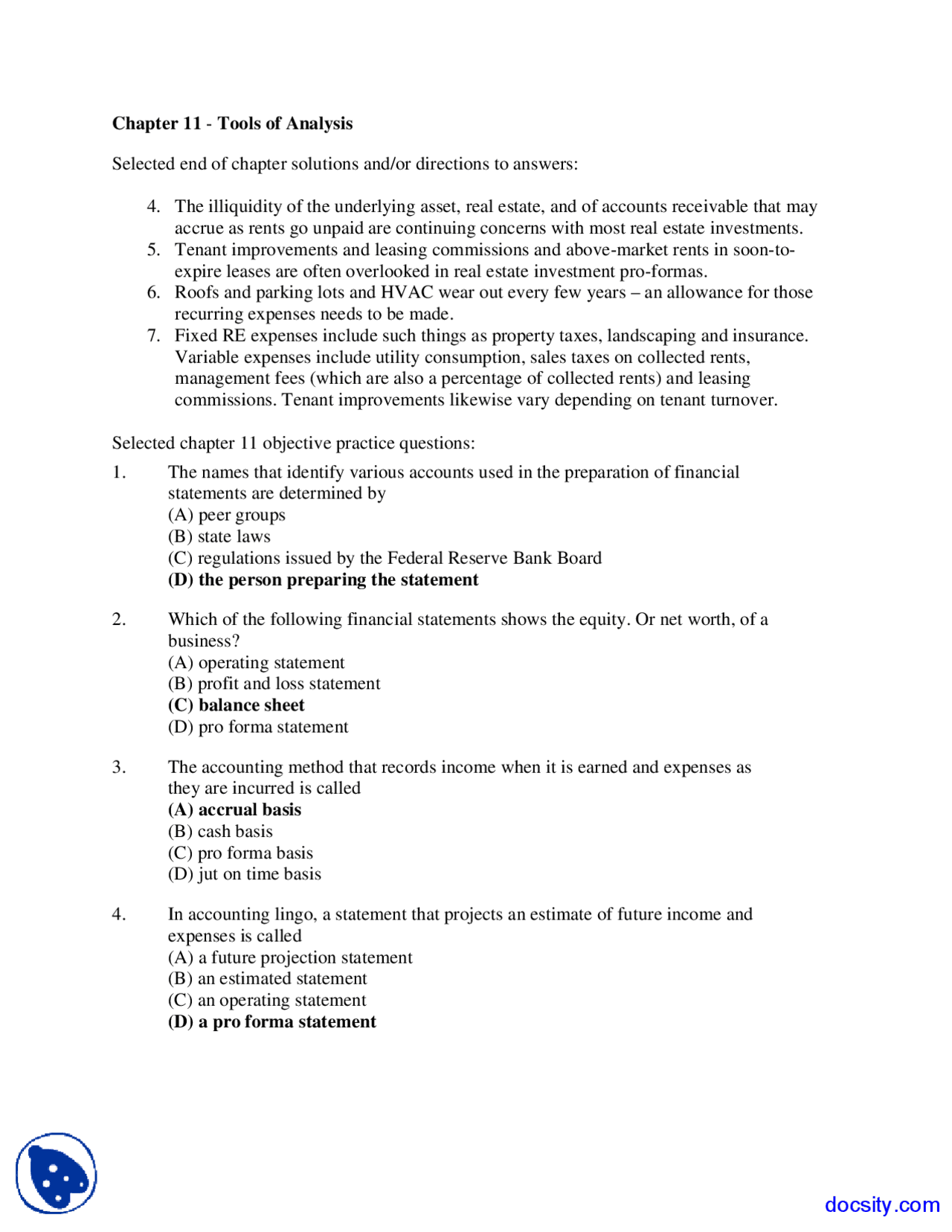 Tools Of Analysis Real Estate Investment Solved Questions Docsity