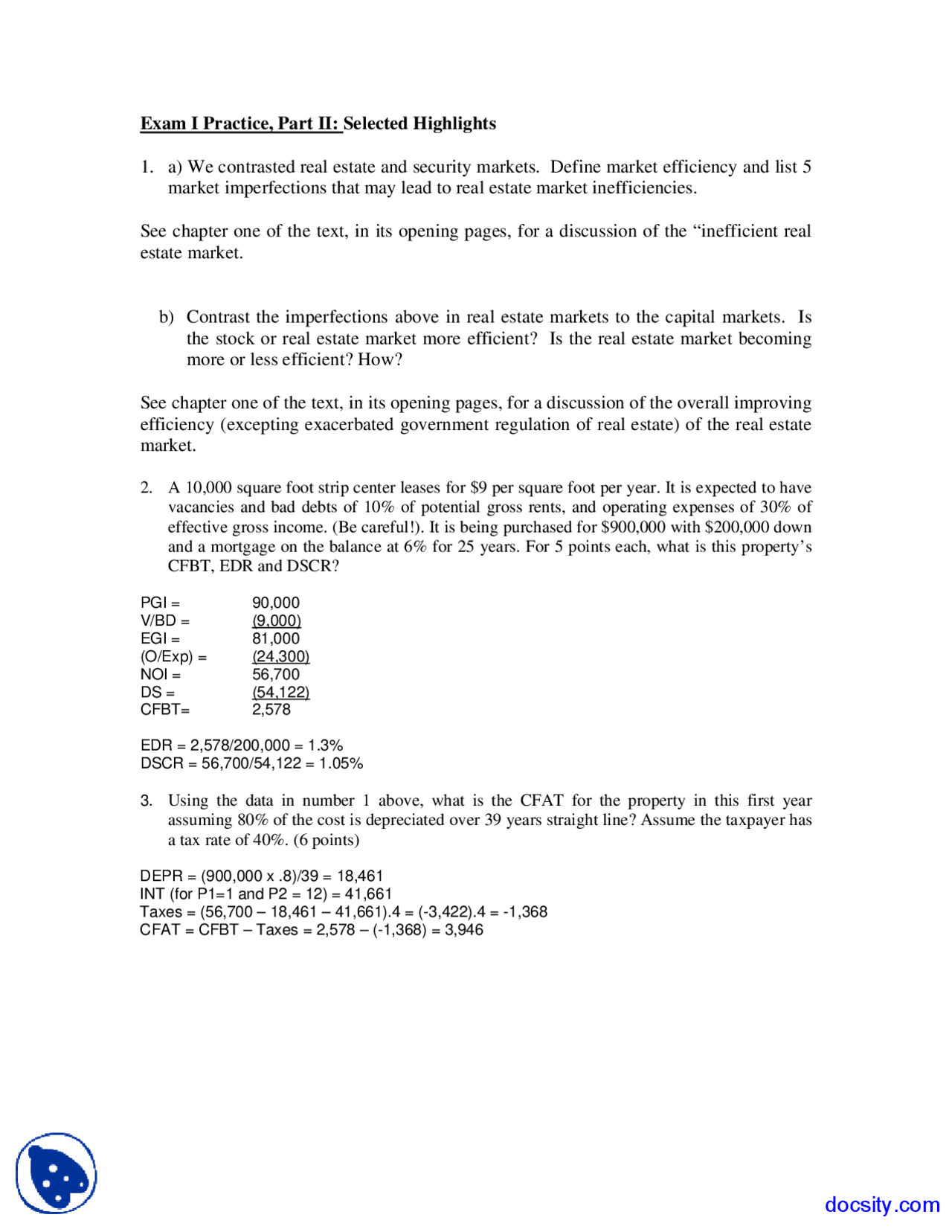 Selected Highlights Real Estate Investment Solved Exam Docsity