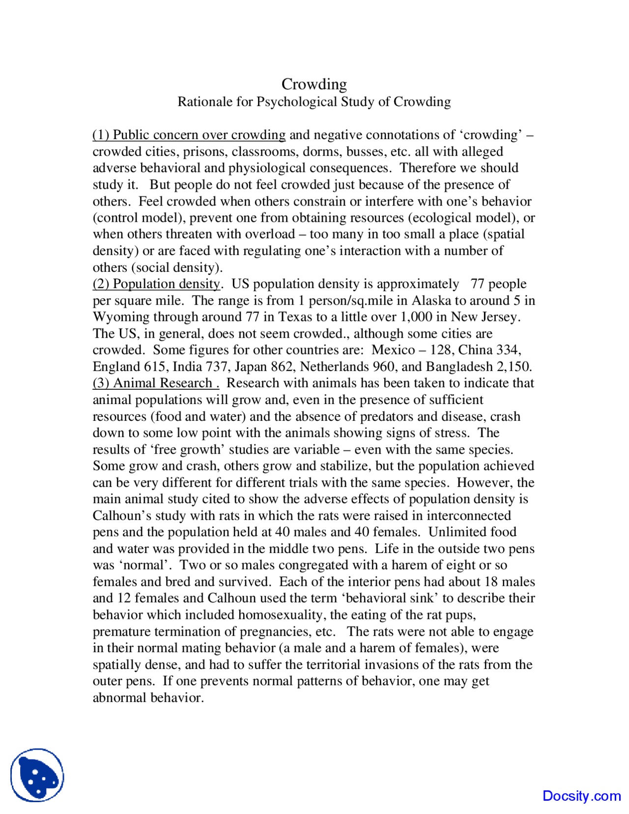 Crowding - Environmental Psychology - Handouts | Monografías, Ensayos ...