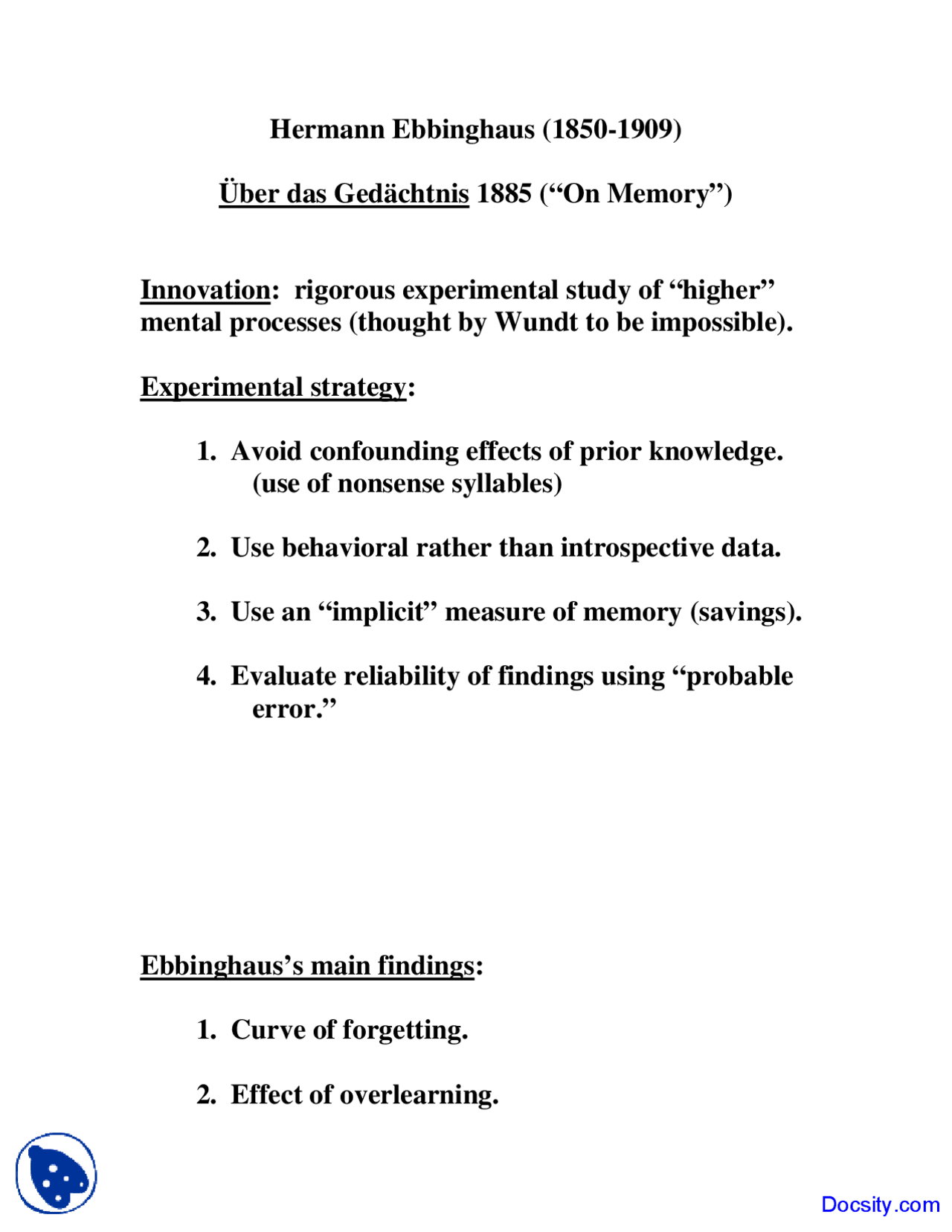 Hermann Ebbinghaus Fundamentals Of Cognition Lecture Notes Docsity