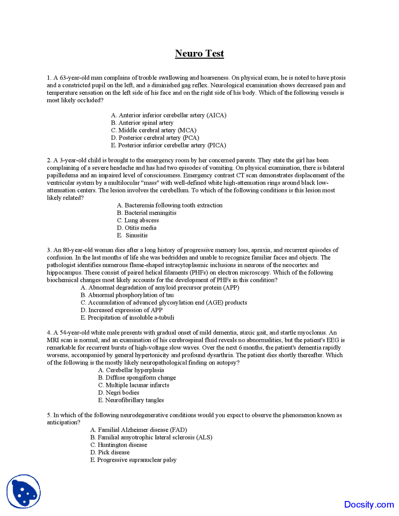 Neuro Test Medical Science Lecture Notes Docsity