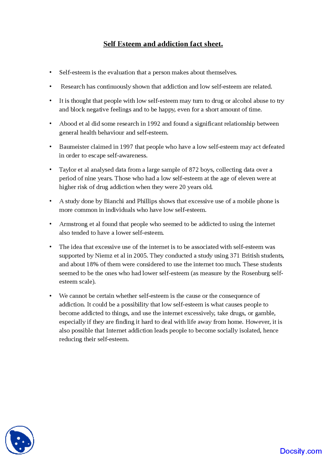 Self Esteem and Addiction - Addiction - Lecture Notes | Study notes ...