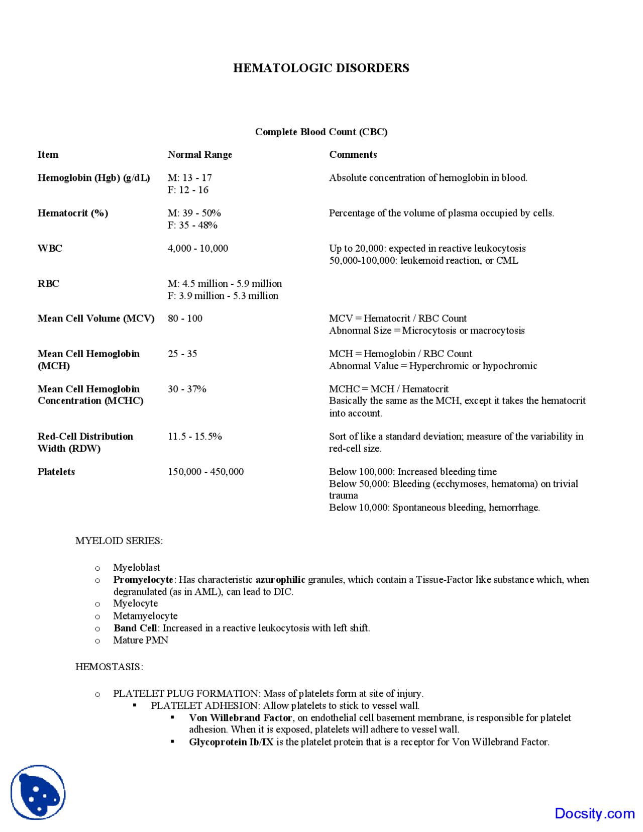 Hematologic Disorders Medical Science Lecture Notes Docsity
