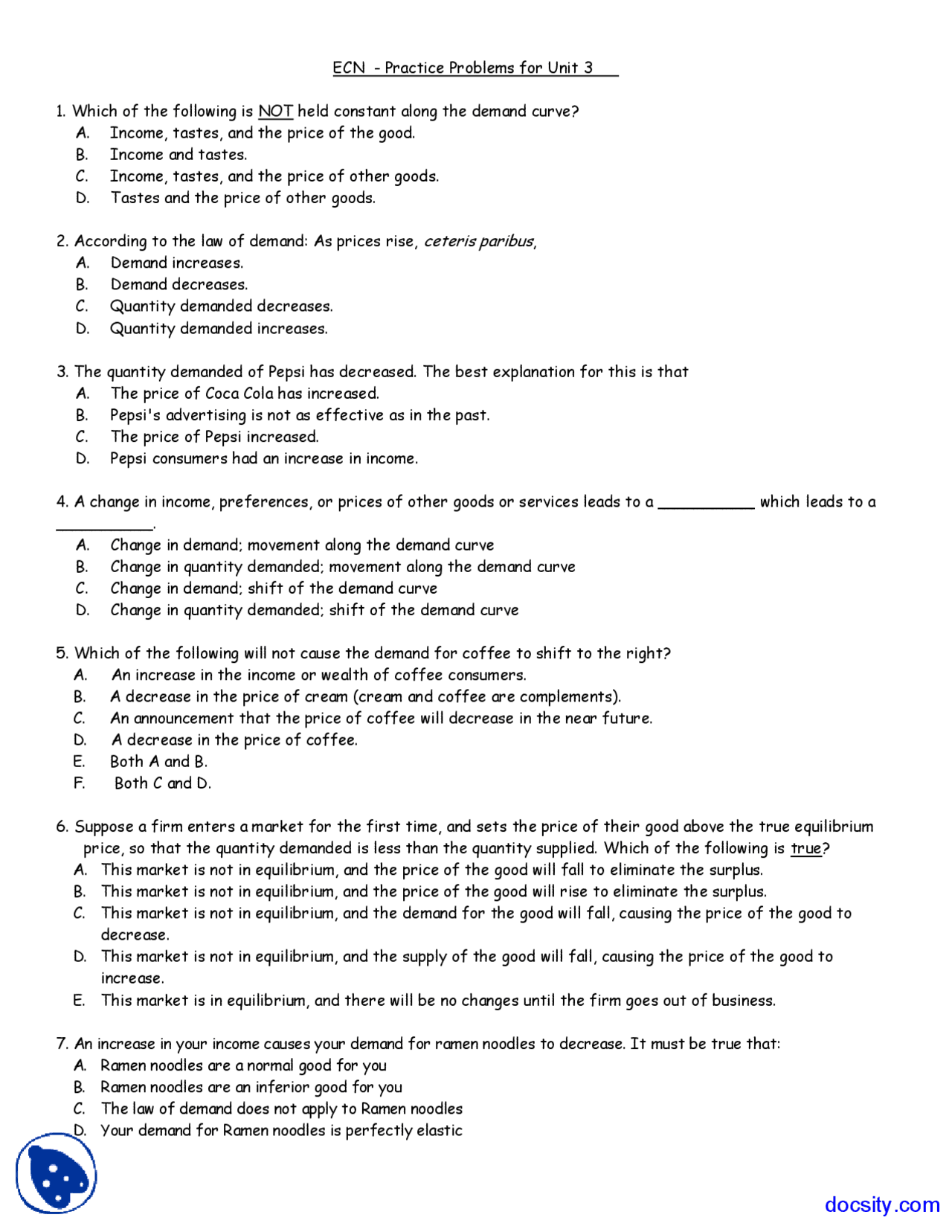 Prices Rise - Principles of Microeconomics - Problems - Docsity