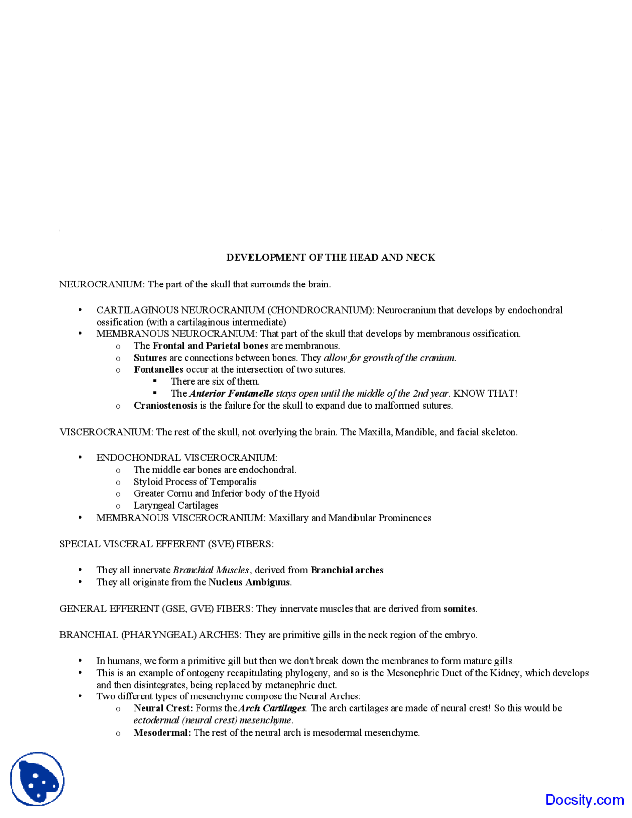 Development Of Head And Neck Medical Science Lecture Notes Docsity