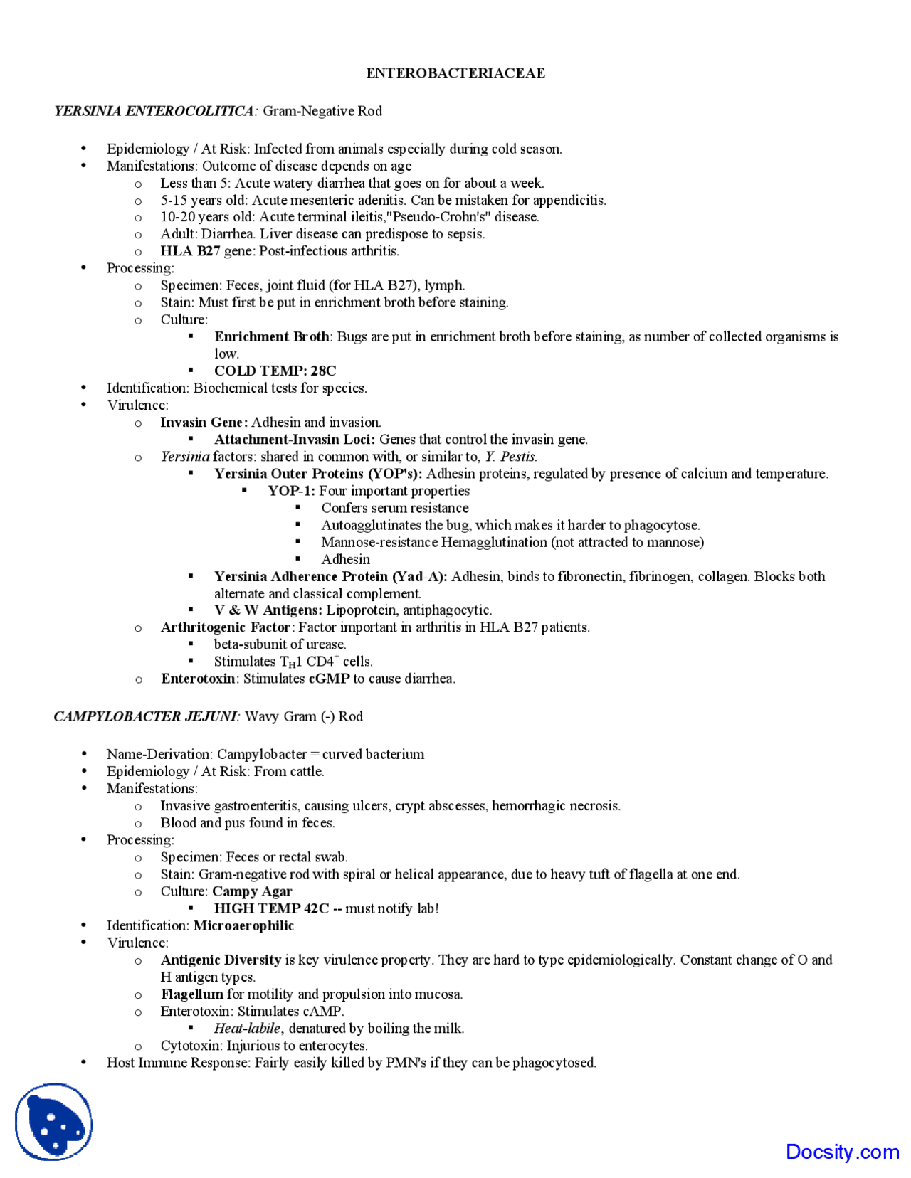 Enterobacteriaceae Medical Science Lecture Notes Docsity