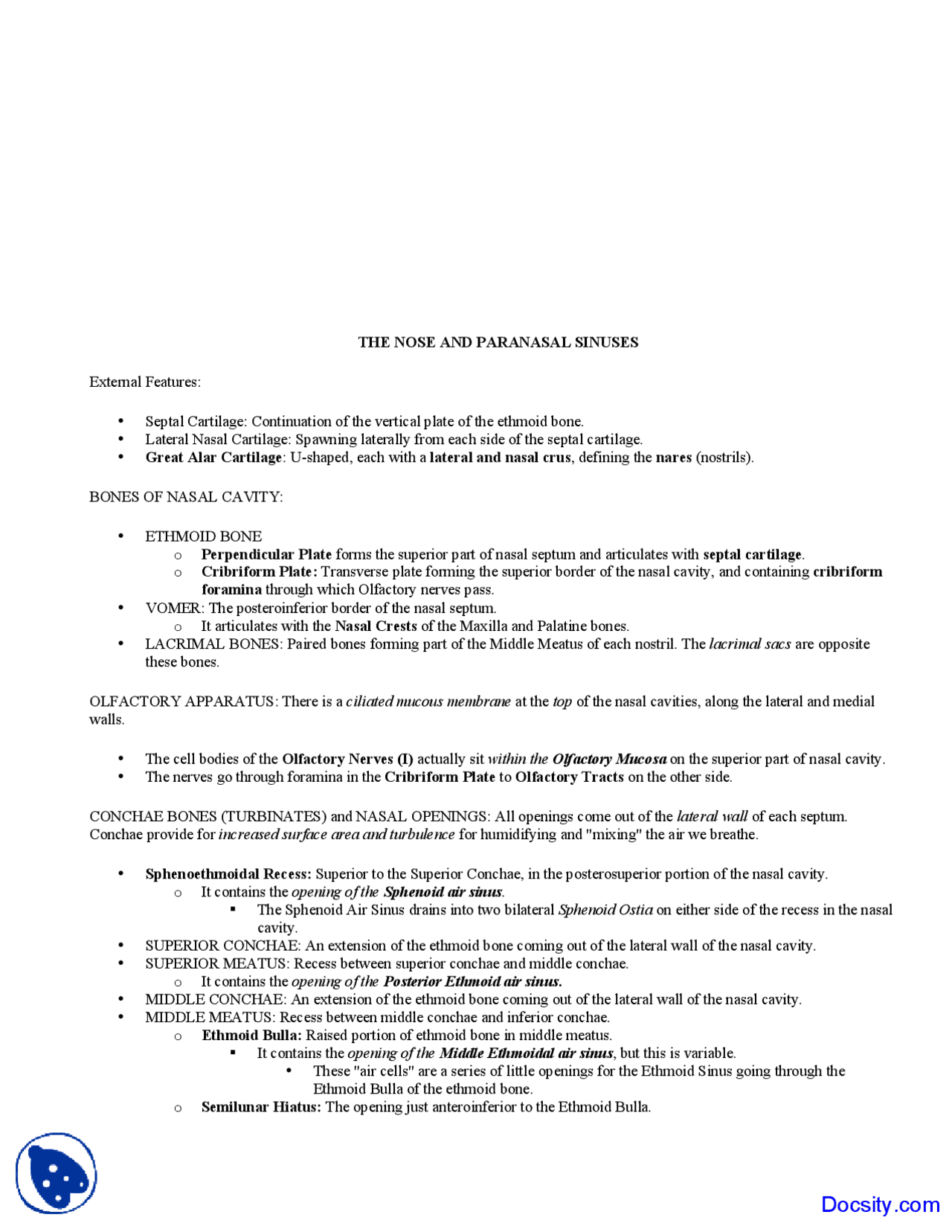 Nose And Paranasal Sinuses Medical Science Lecture Notes Docsity