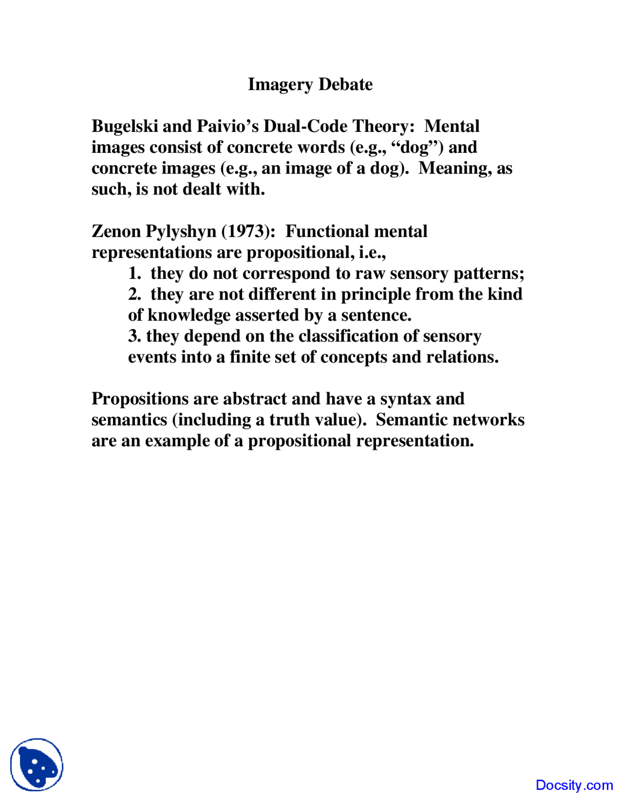 Imagery Debate Fundamentals Of Cognition Lecture Notes Docsity