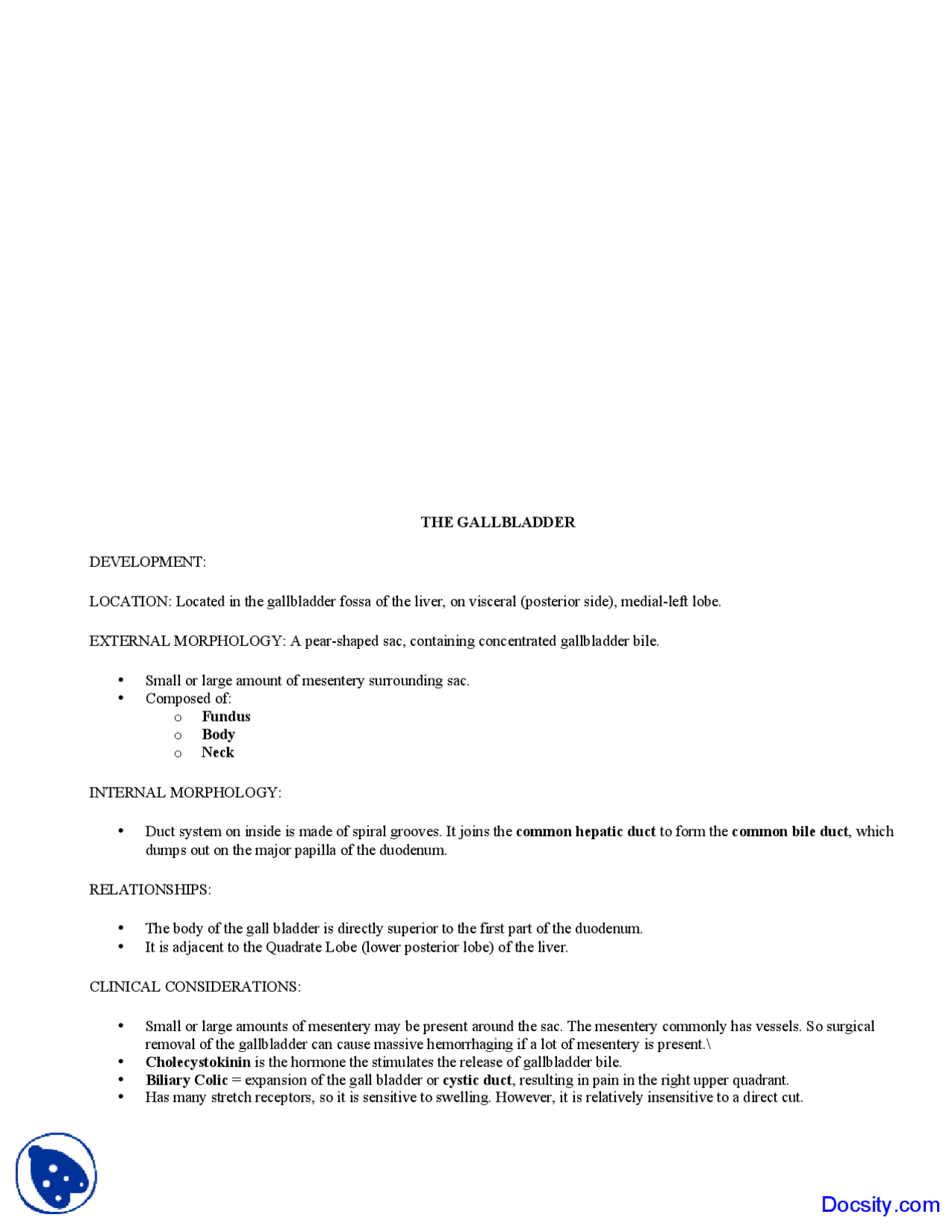 Gall Bladder Medical Science Lecture Notes Docsity
