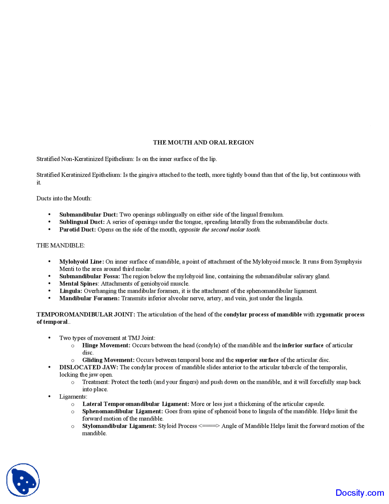 Mouth And Oral Region Medical Science Lecture Notes Docsity