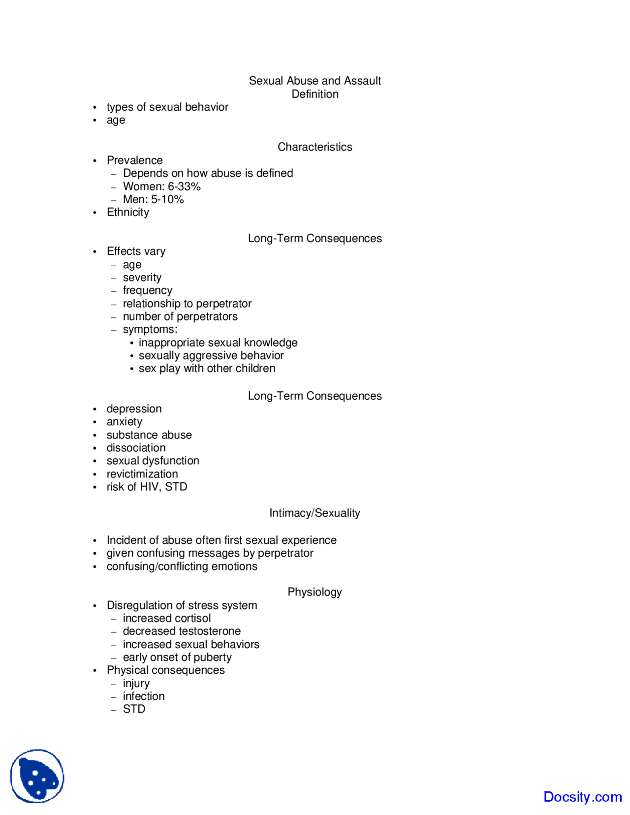 Sexual Abuse and Assault - Psychology of Sex - Lecture Notes - Docsity