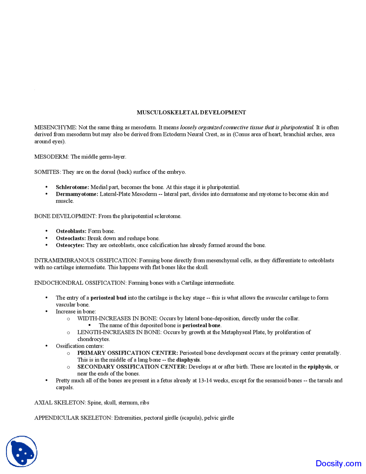 Musculoskeletal Development Medical Science Lecture Notes Docsity
