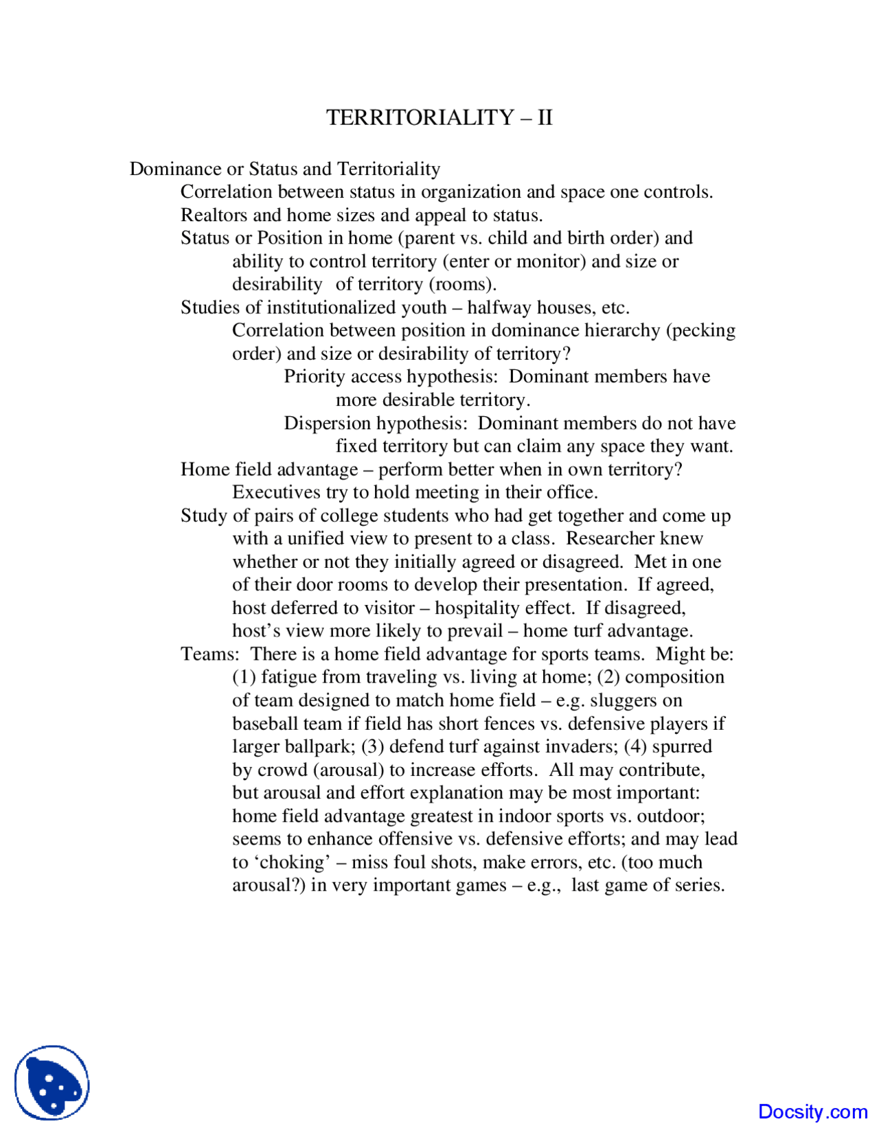 Status and Territoriality - Environmental Psychology - Handouts - Docsity
