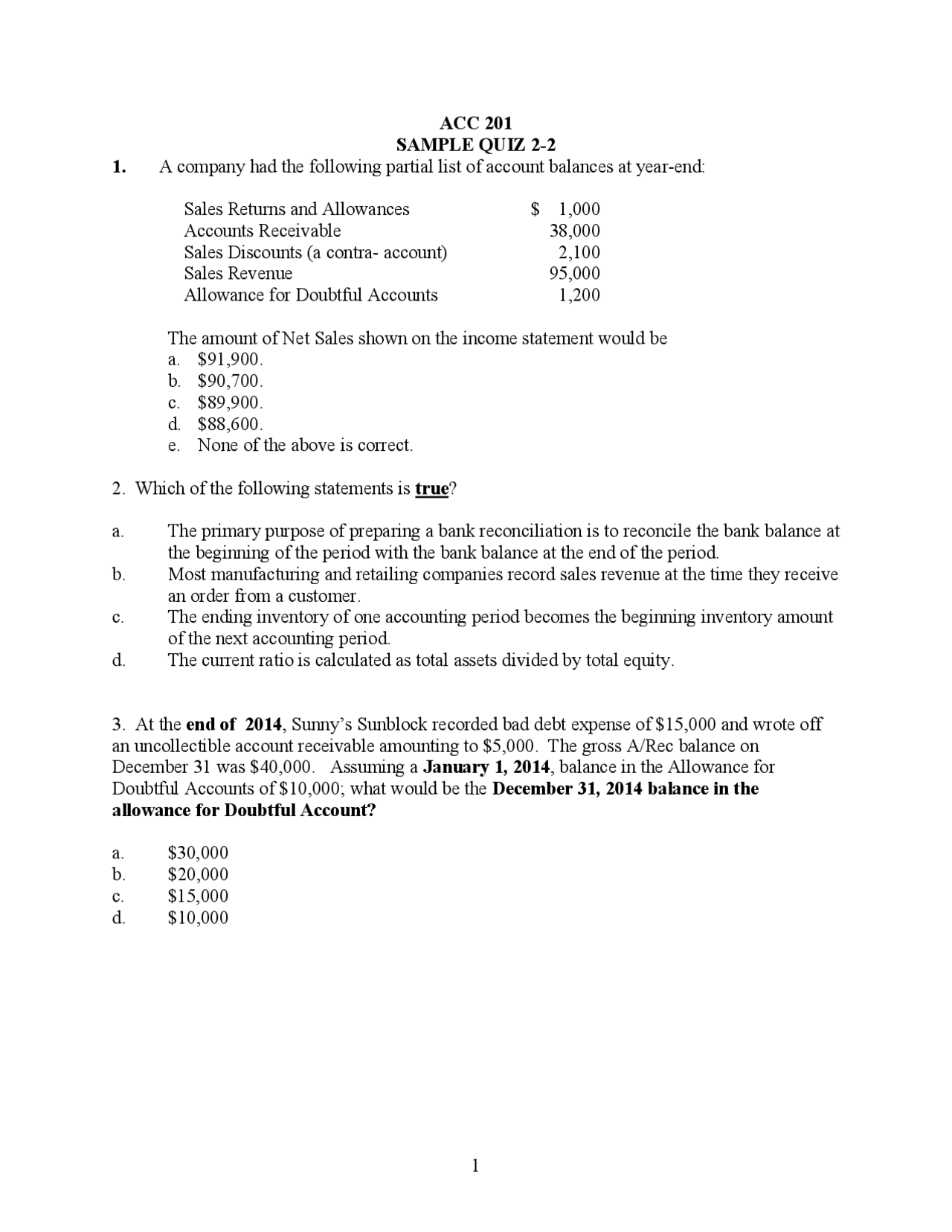 Sample Quiz 2 With Answers Principles Of Financial Accounting Acc