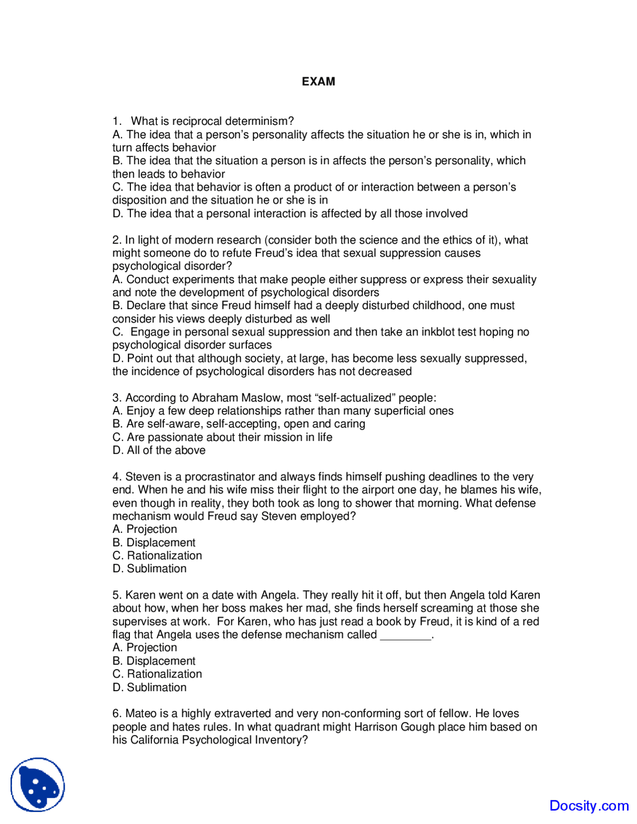 Reciprocal Determinism - Fundamentals of Psychology - Exam - Docsity