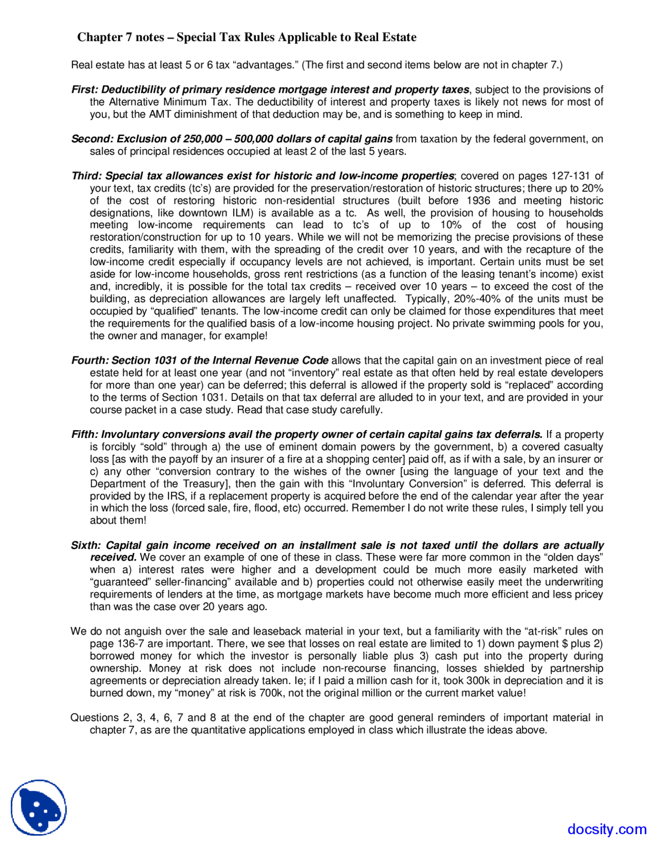 Special Tax Rules Real Estate Investment Lecture Notes Docsity