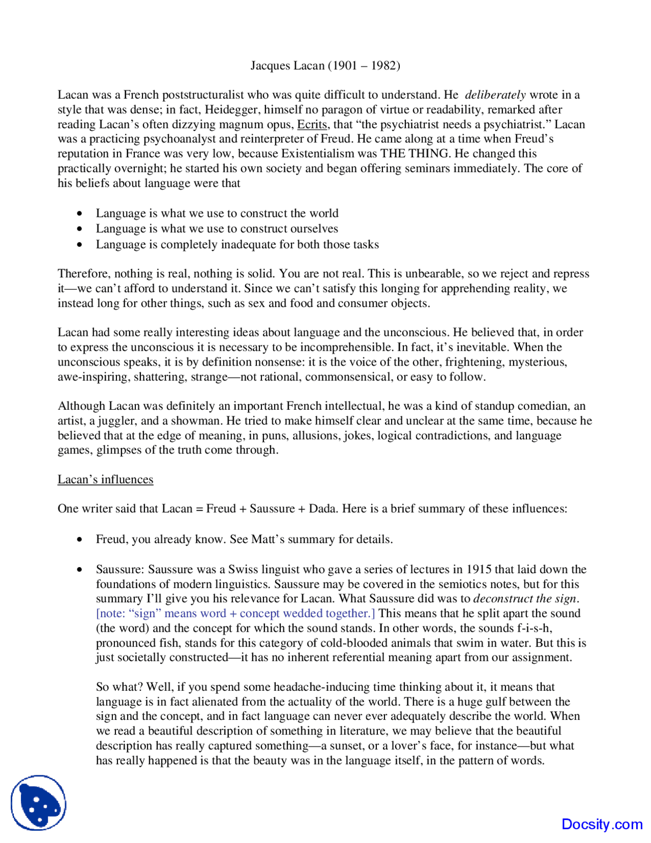 Jacques Lacan - Social Psychology of Language - Lecture Notes - Docsity