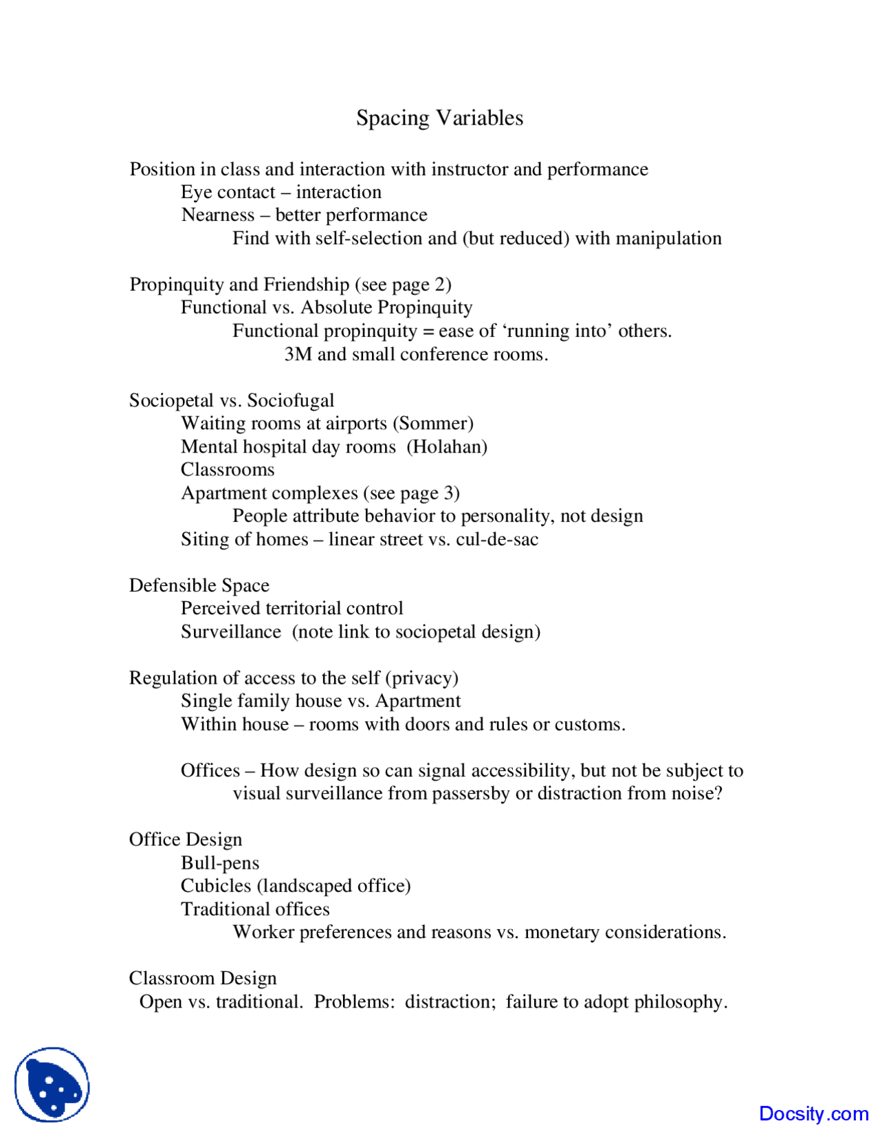 Spacing Variables - Environmental Psychology - Handouts - Docsity