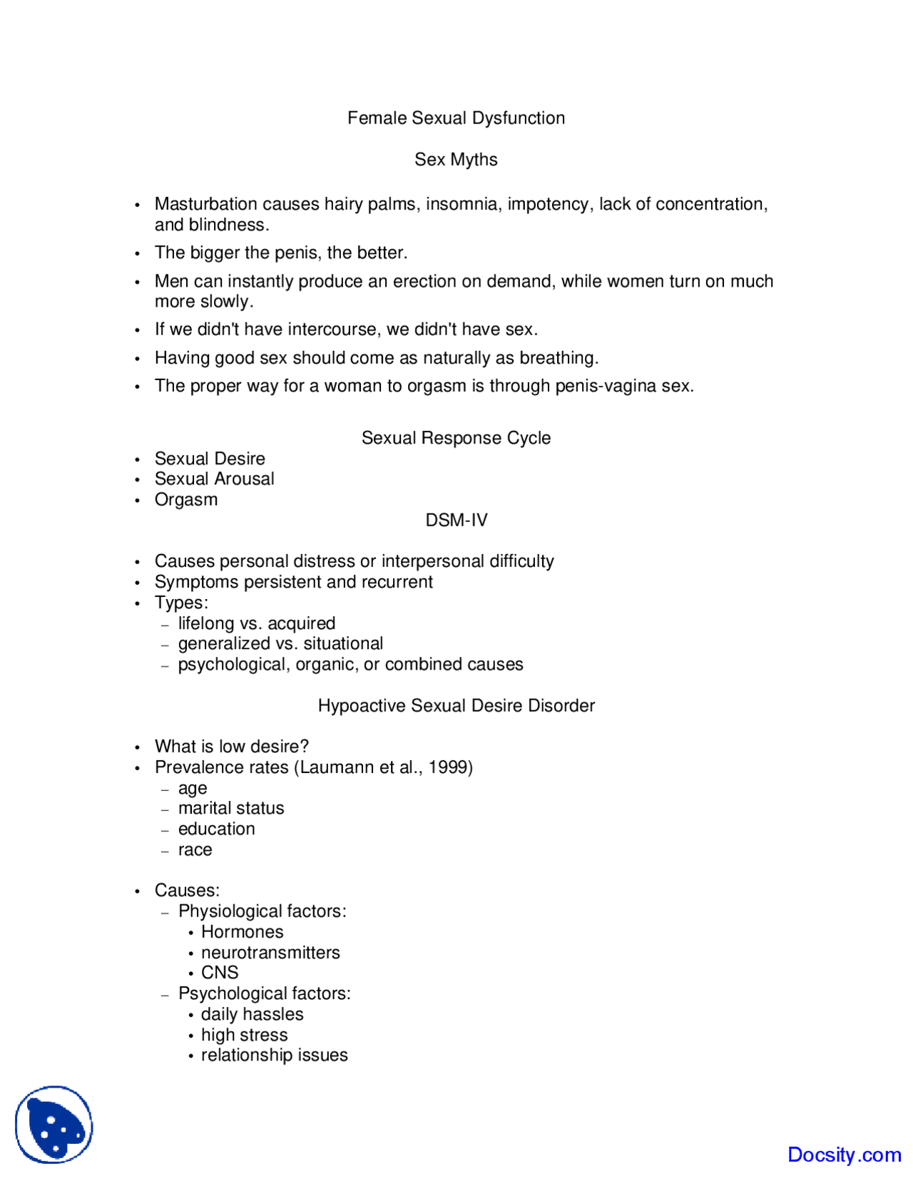 Female Sexual Dysfunction Psychology Of Sex Lecture Notes Docsity