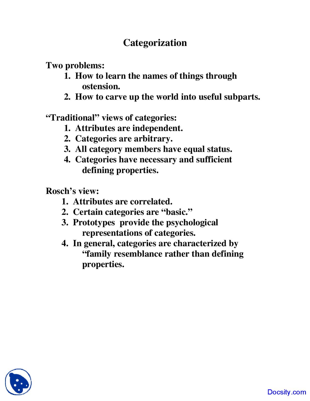 Categorization Fundamentals Of Cognition Lecture Notes Docsity