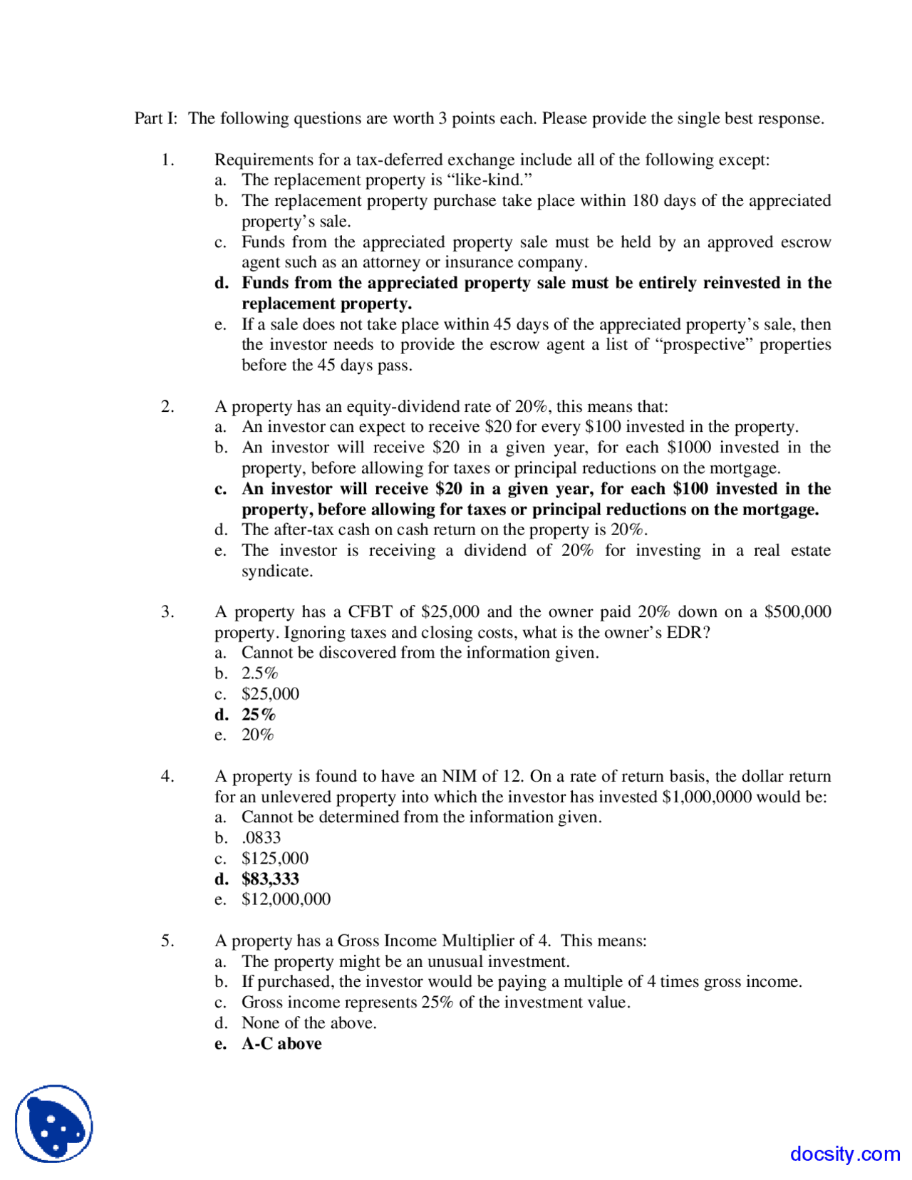 Appreciated Property Real Estate Investment Solved Exam Docsity