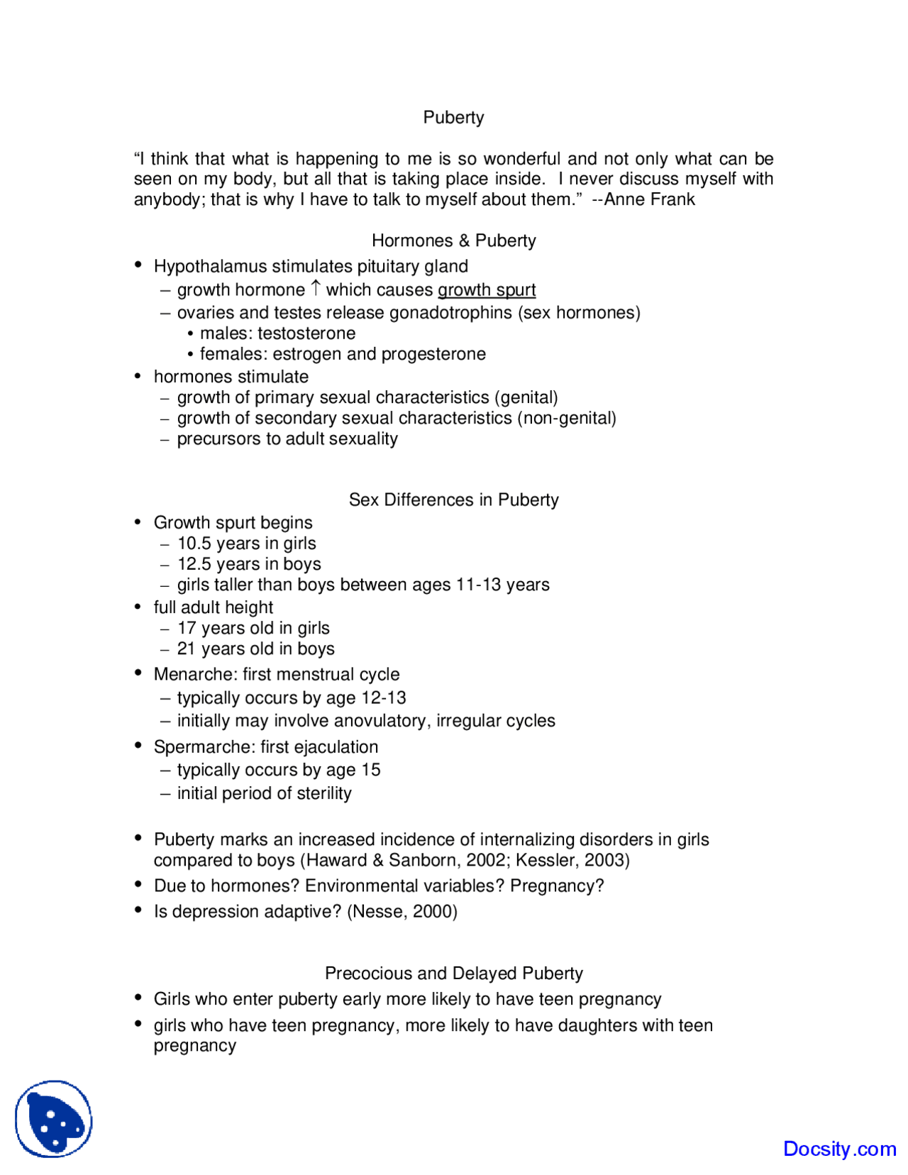 Puberty Psychology Of Sex Lecture Notes Docsity