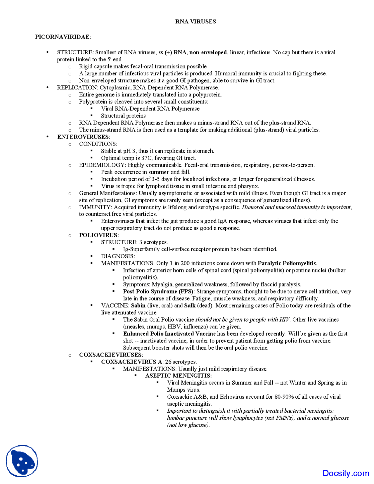 Rna Viruses Medical Science Lecture Notes Docsity