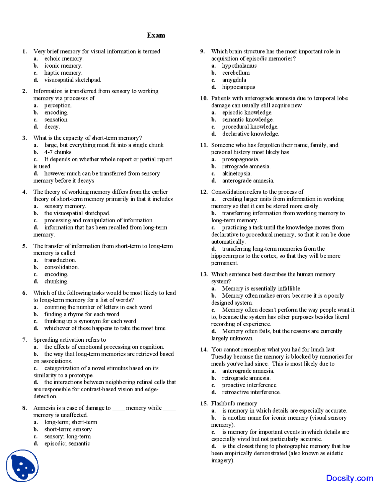 Memory For Visual Information Fundamentals Of Psychology Exam Docsity
