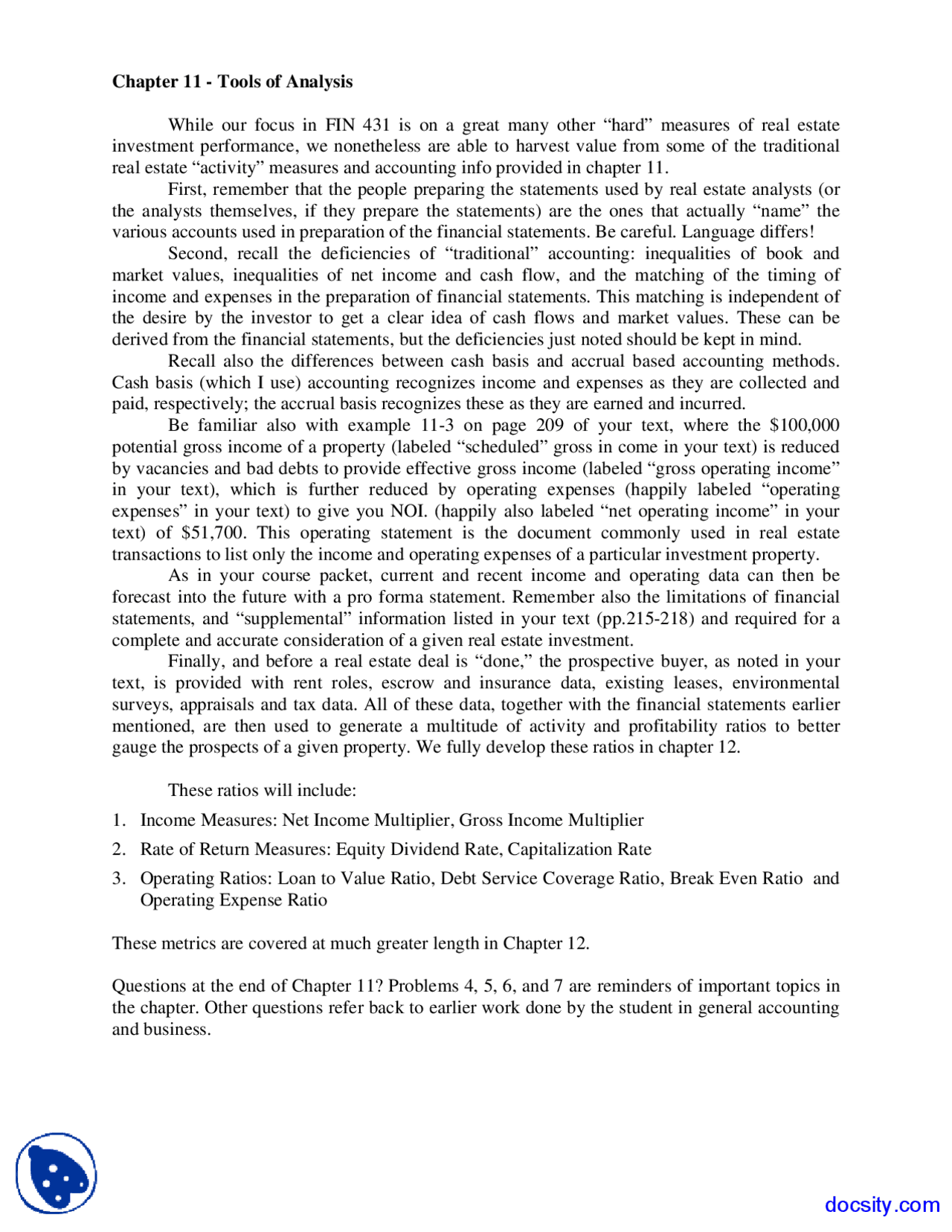 Tools Of Analysis Real Estate Investment Lecture Notes Docsity