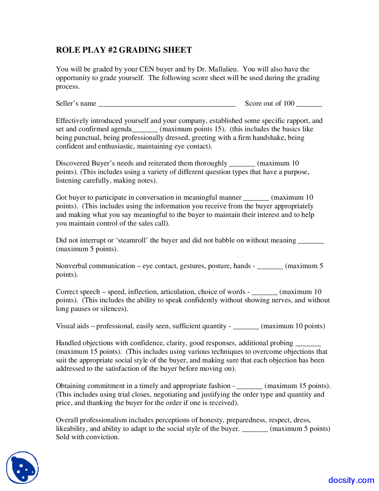 Role Play Professional Selling Lecture Notes Docsity