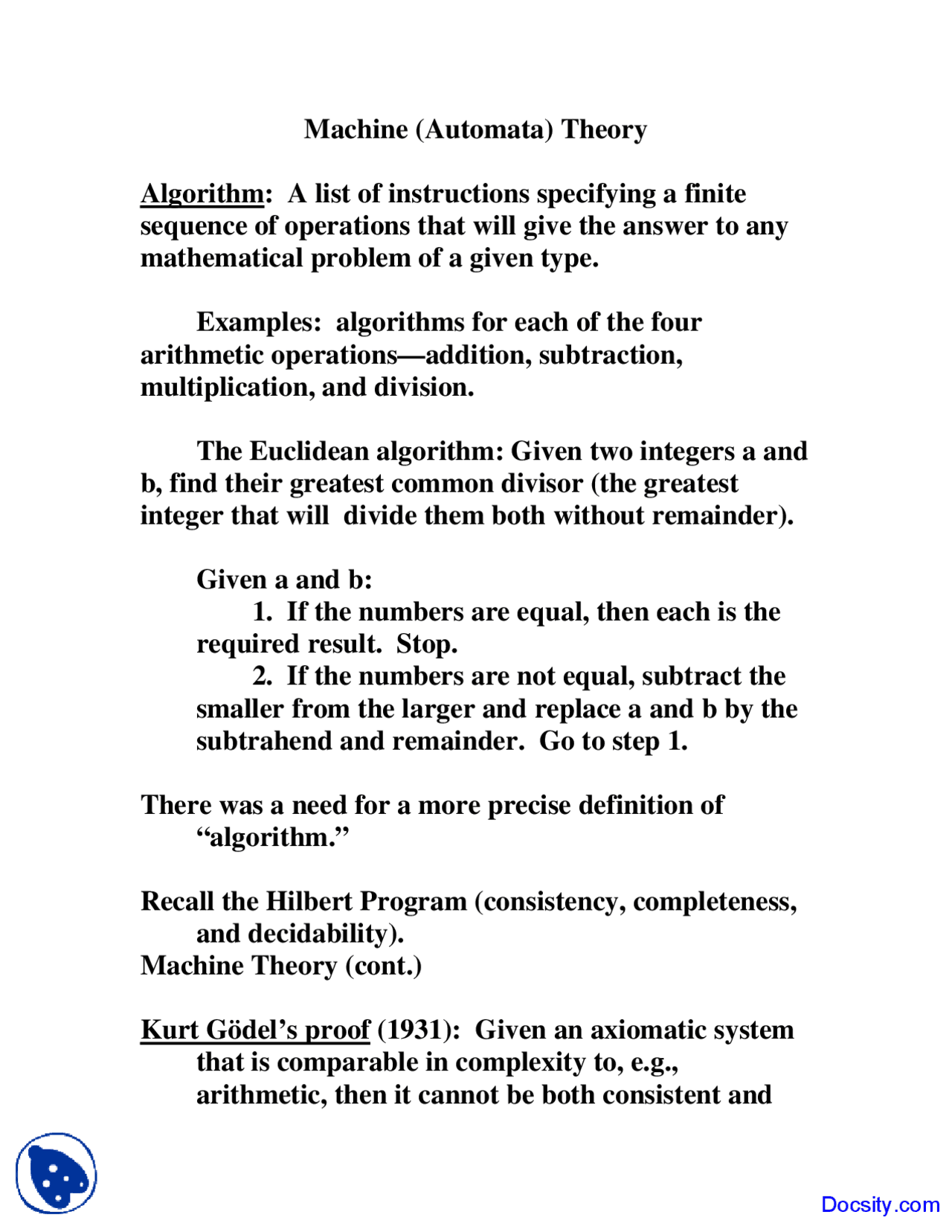 Machine Theory Fundamentals Of Cognition Lecture Notes Docsity