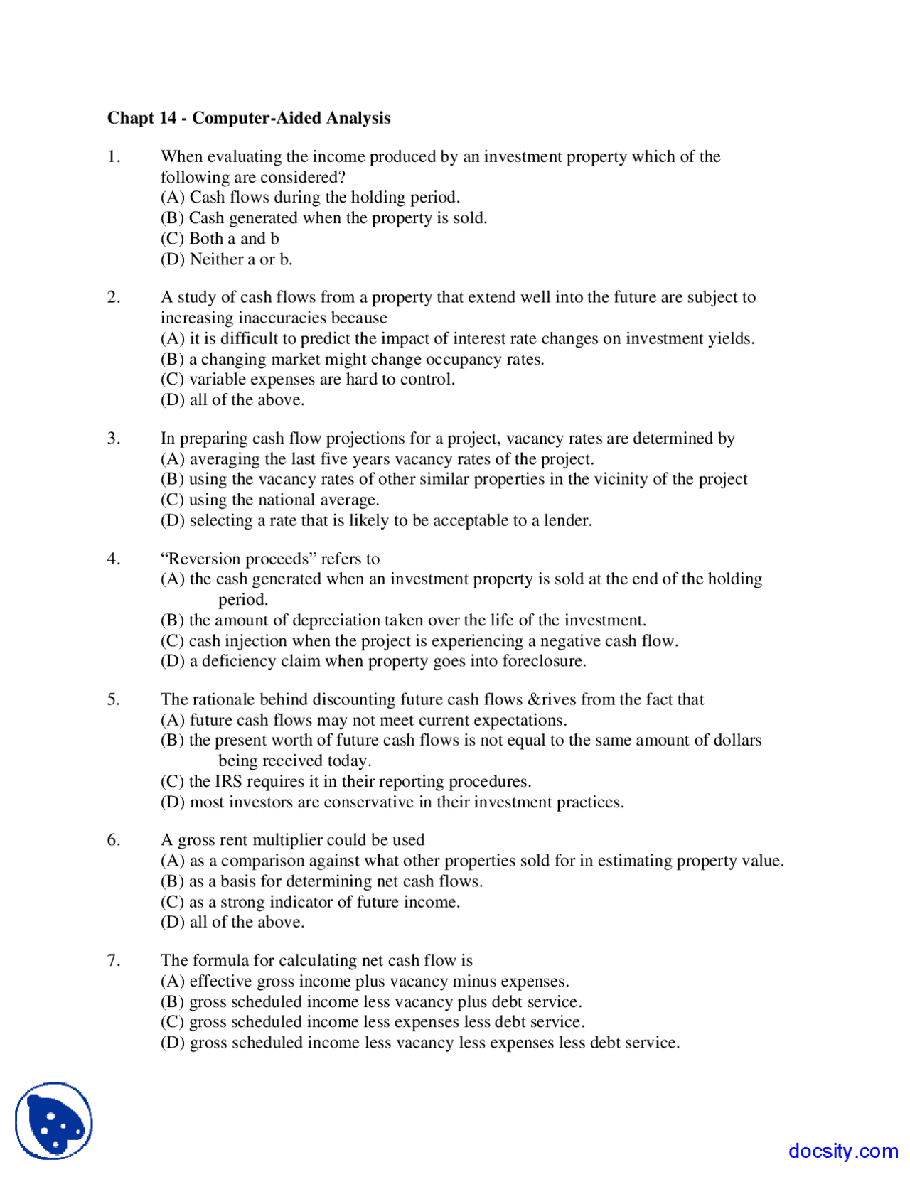 Computer Aided Analysis Real Estate Investment Solved Questions