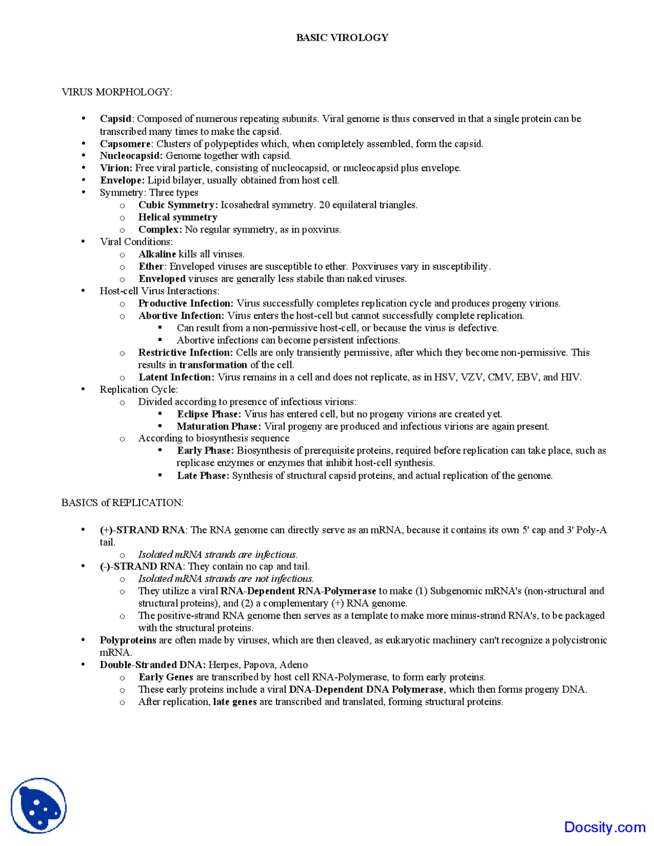 Basic Virology Medical Science Lecture Notes Docsity