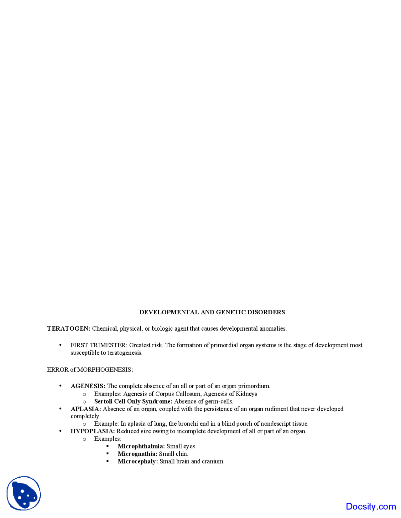 Developmental And Genetic Disorders Medical Science Lecture Notes