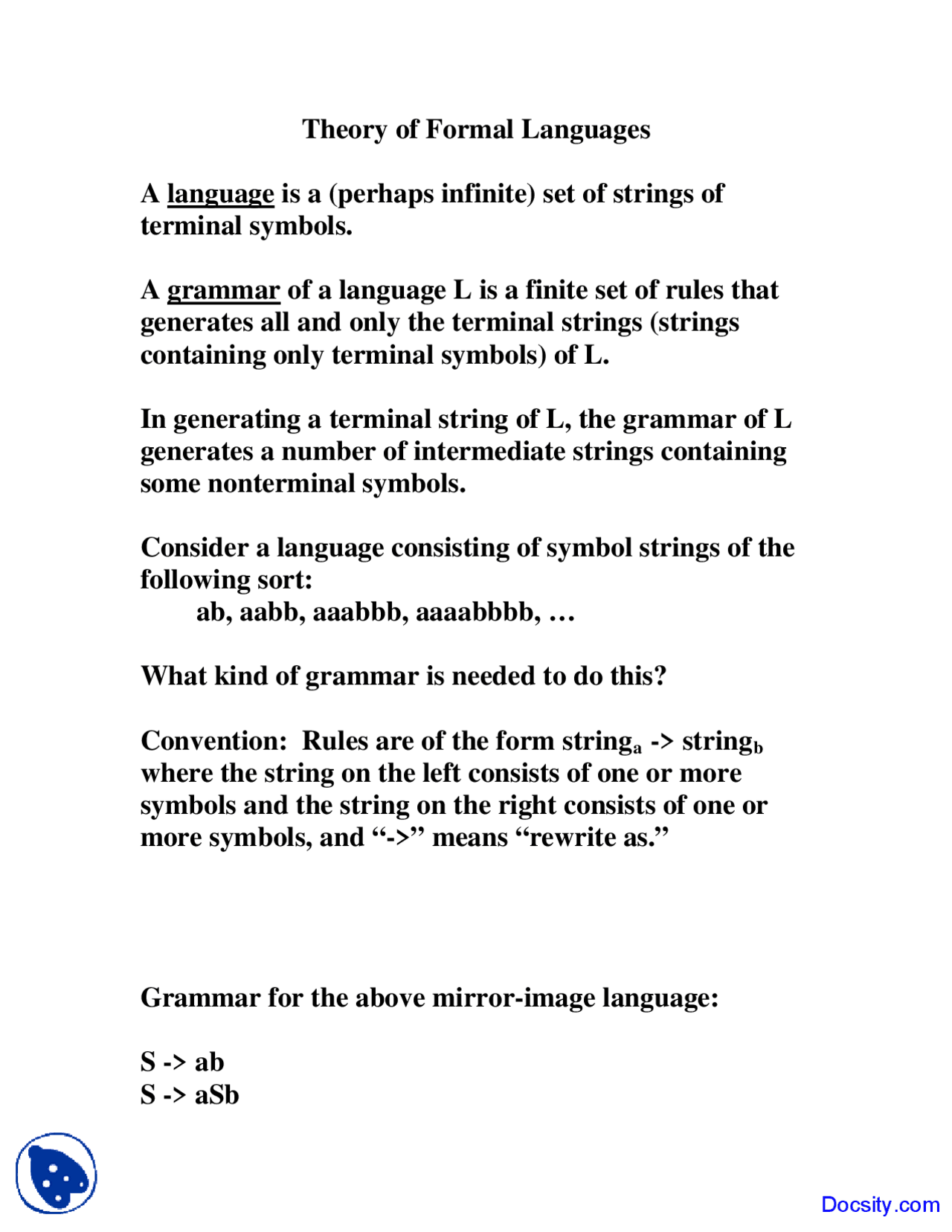 Theory Of Formal Languages Fundamentals Of Cognition Lecture Notes Docsity
