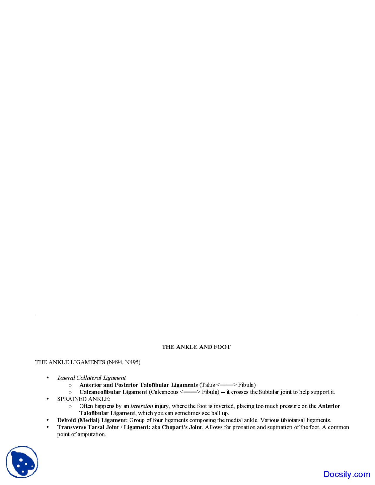 Ankle And Foot Medical Science Lecture Notes Docsity
