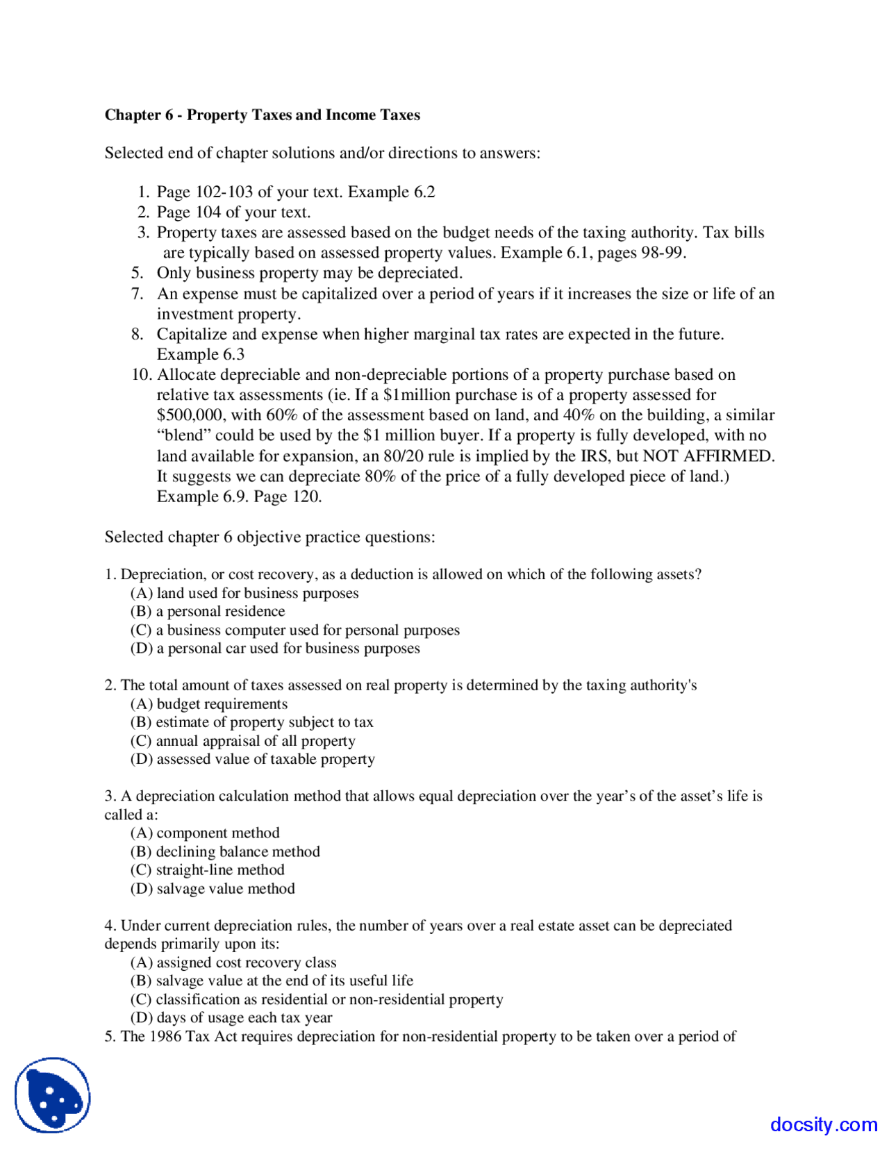 Property Taxes Real Estate Investment Solved Questions Docsity