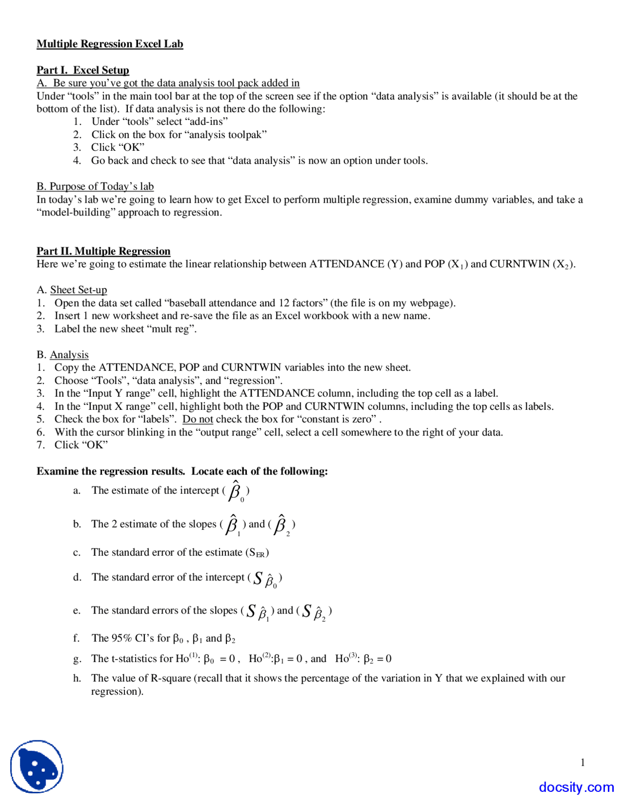 Multiple Regression Statistics And Econometrics Lecture Notes Docsity