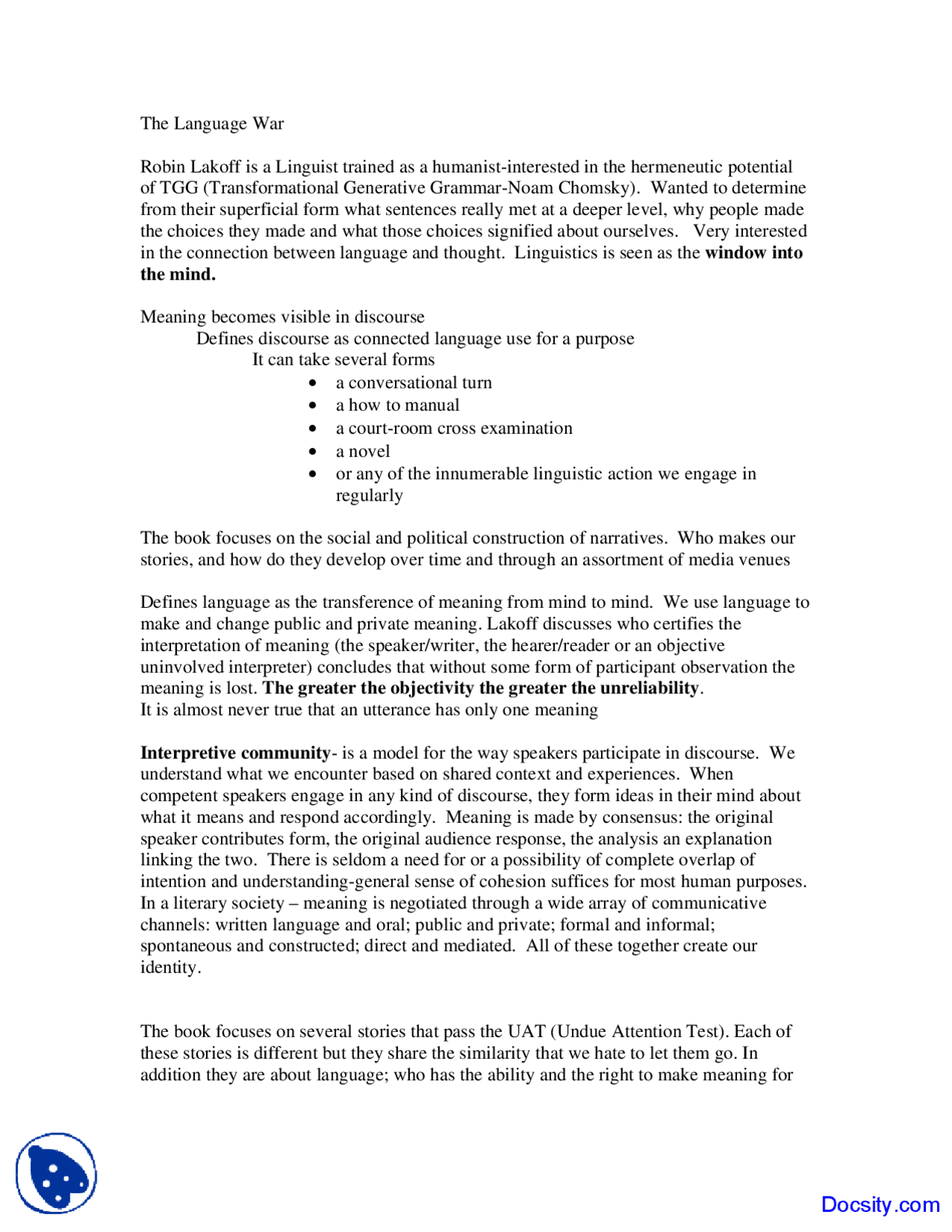 The Language War - Social Psychology of Language - Lecture Notes - Docsity