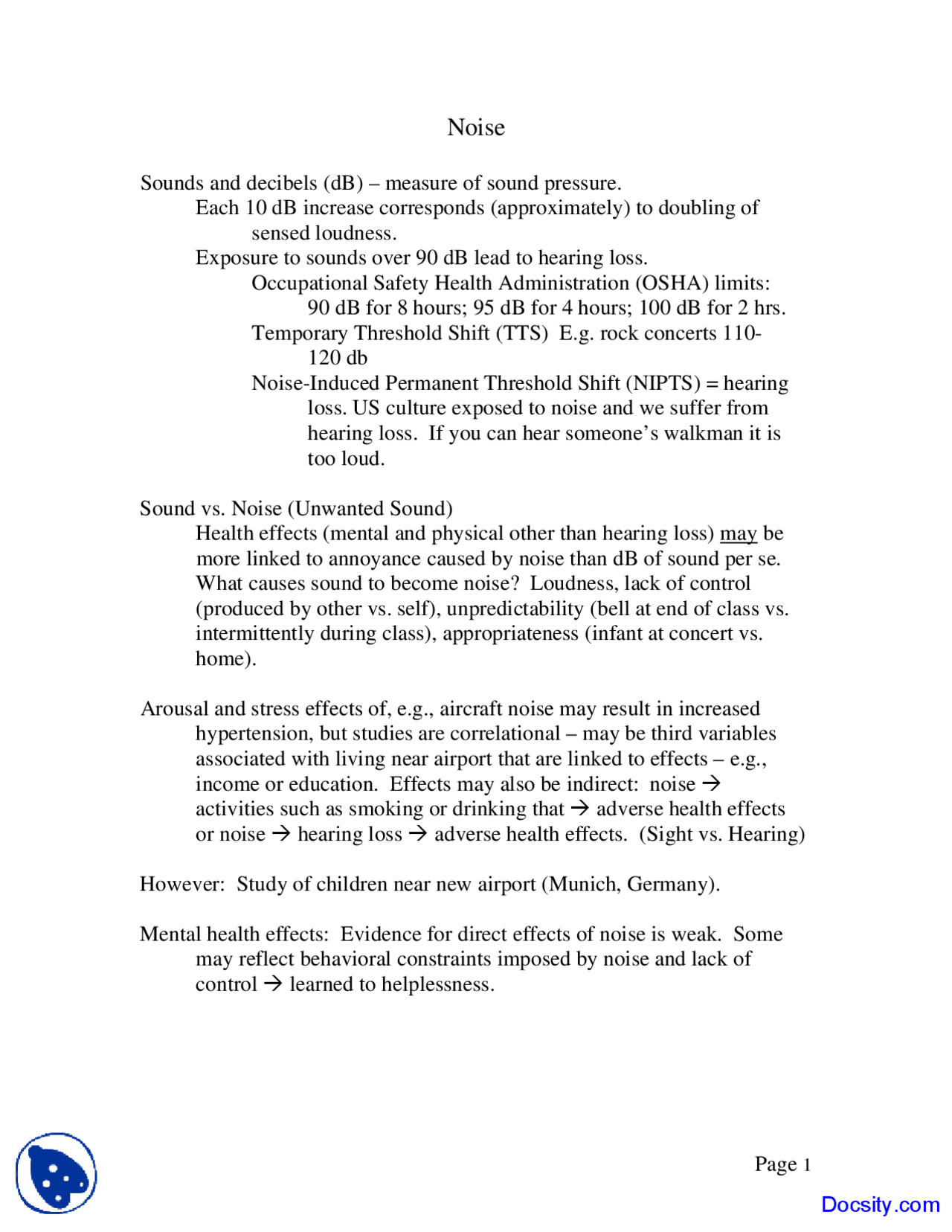 Noise Environmental Psychology Handouts Docsity