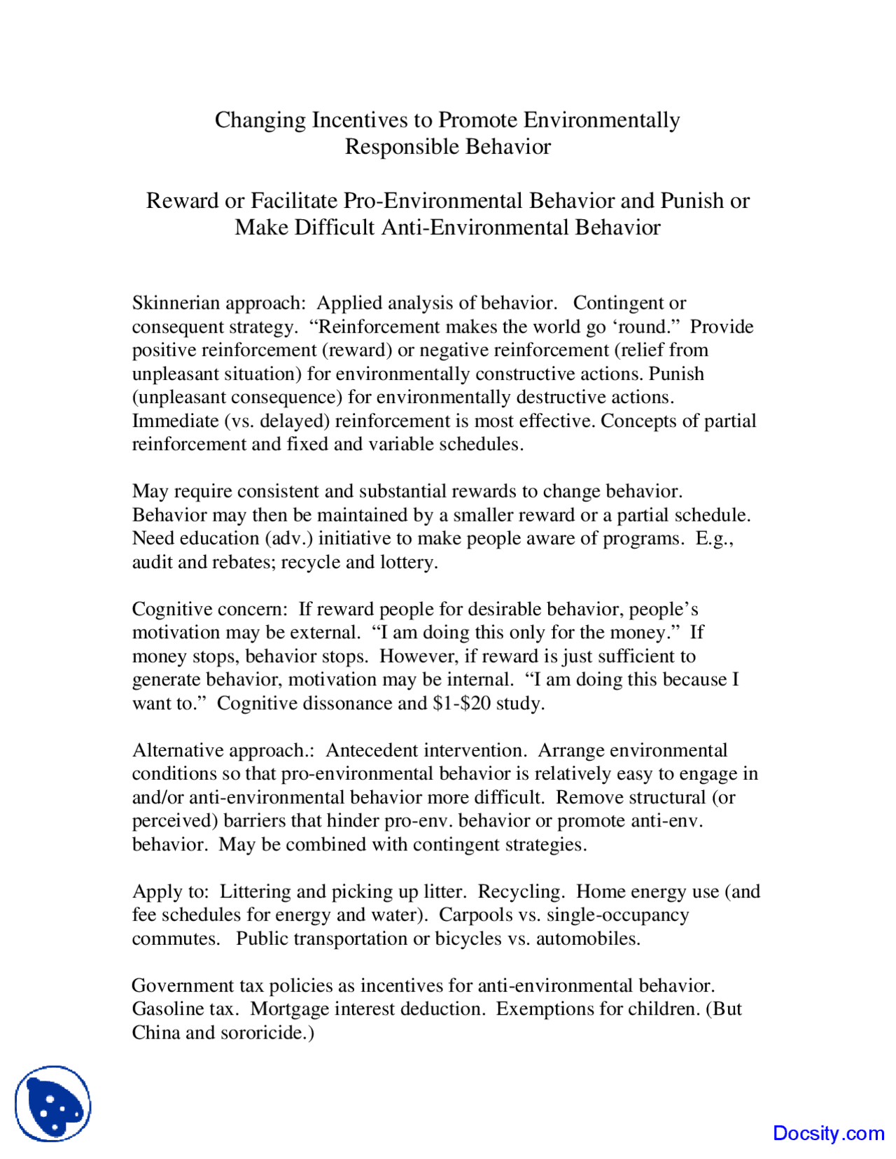 Change Incentives - Environmental Psychology - Handouts - Docsity