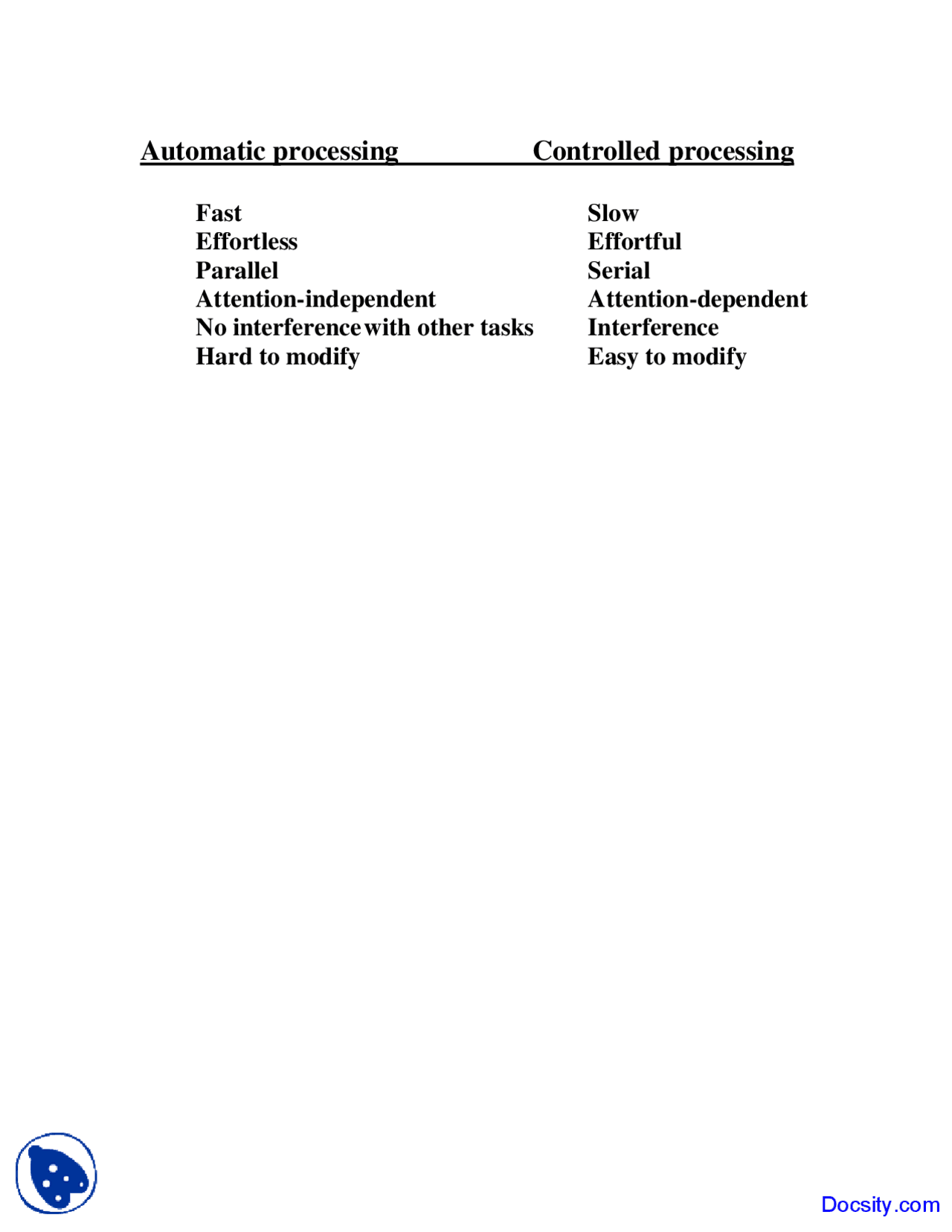 Automatic Processing Fundamentals Of Cognition Lecture Notes Docsity